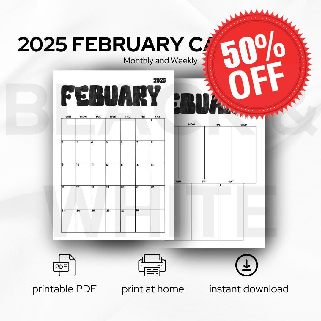 2025 Black-white February Fillable Calendar, Monthly&weekly, Minimalist ...
