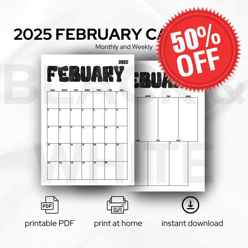 2025 Black-white February Fillable Calendar, Monthly&weekly, Minimalist ...