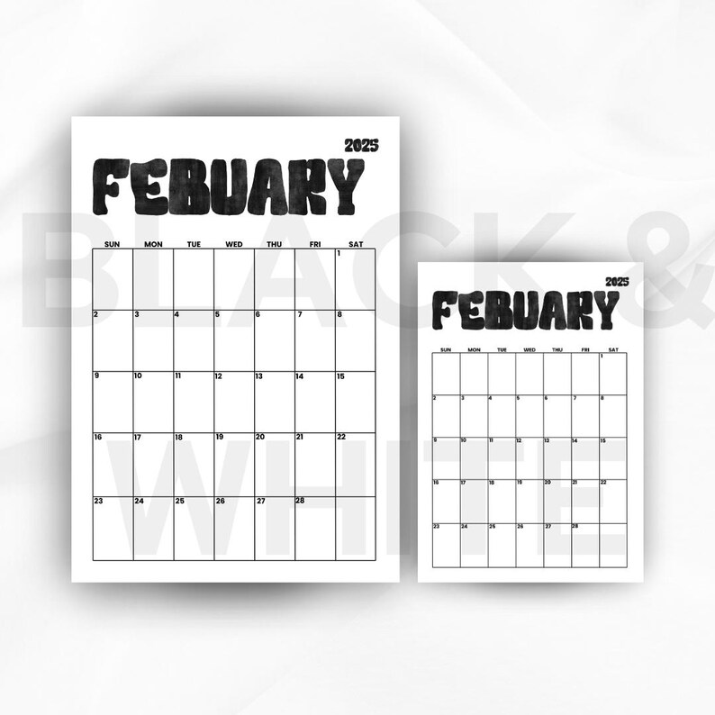2025 Black-white February Fillable Calendar, Monthly&weekly, Minimalist ...