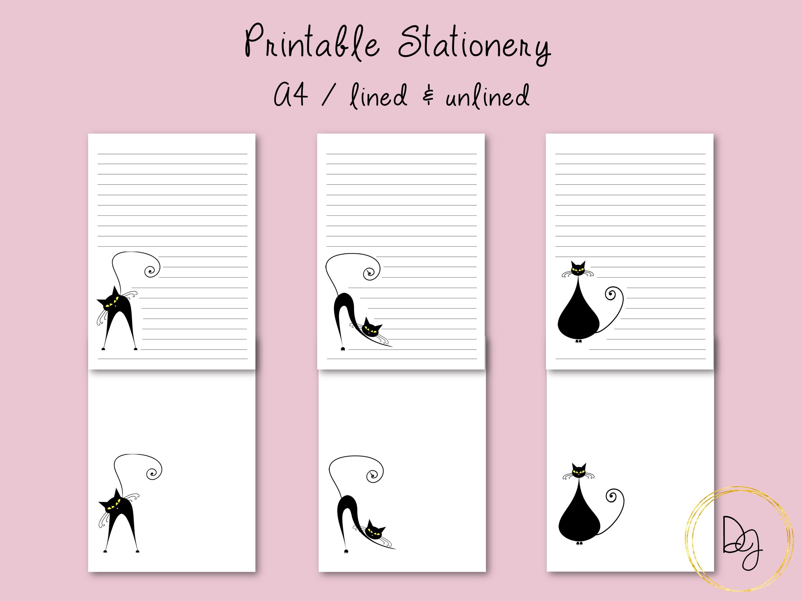 Cat Printable Stationery | Black Cat | A4, US Letter 8.5x11 in | Lined ...