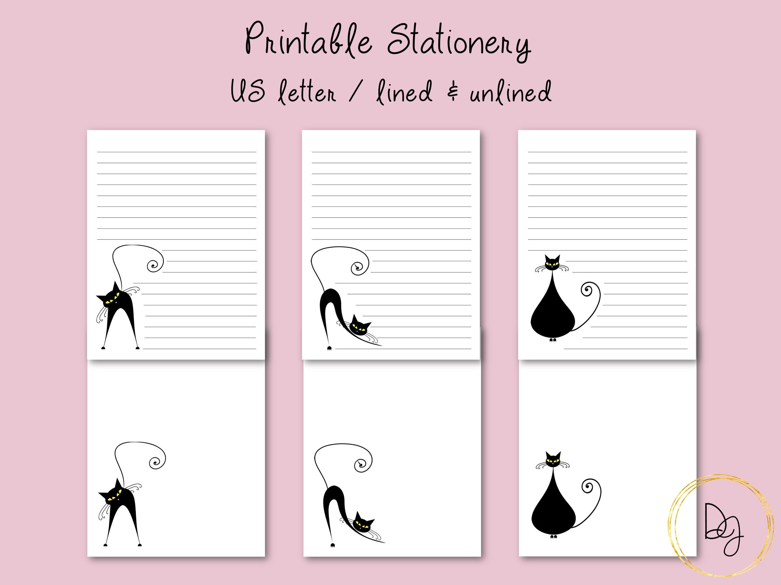 Cat Printable Stationery | Black Cat | A4, US Letter 8.5x11 in | Lined ...