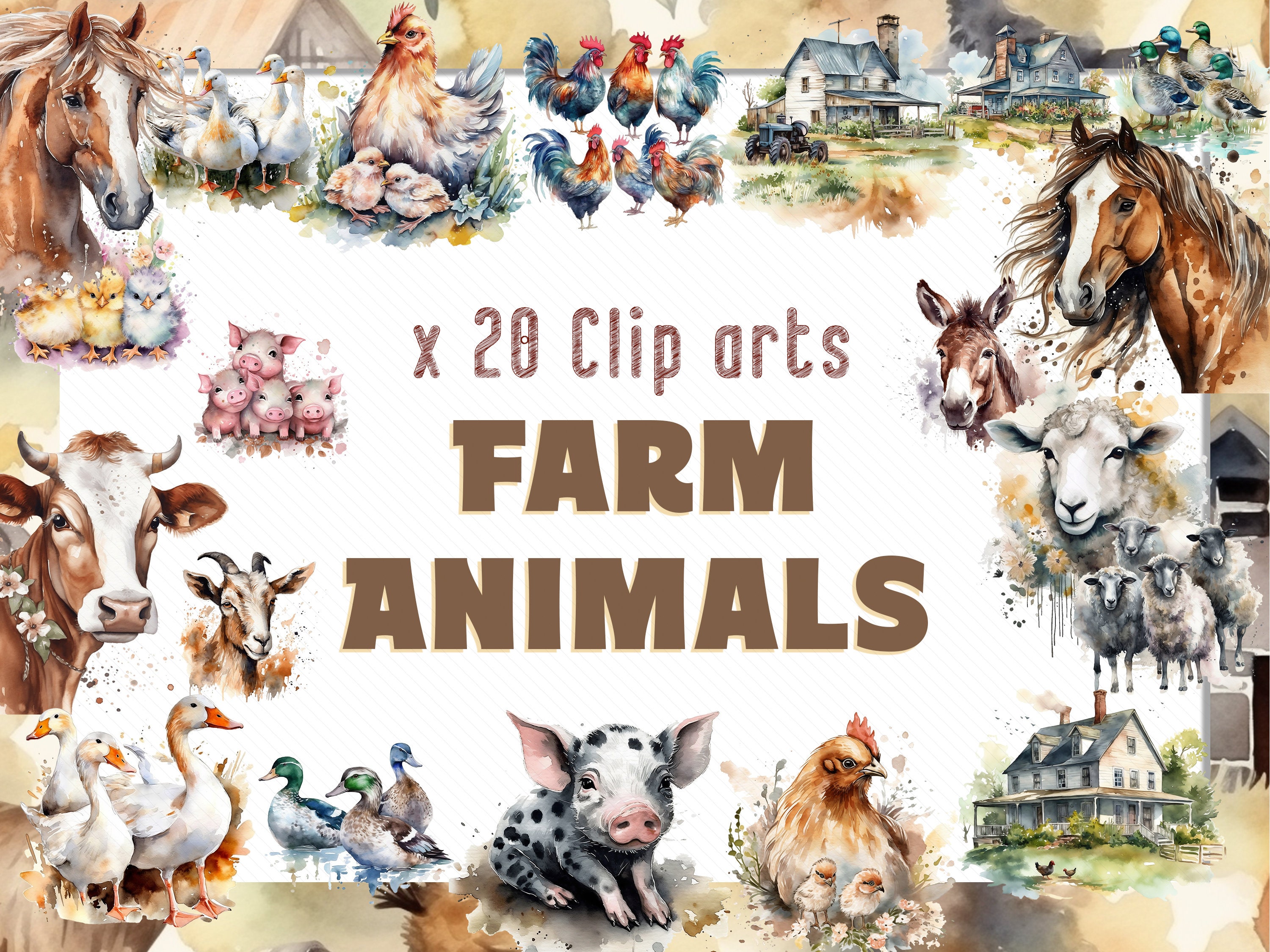 Watercolor Clipart Farm Animals, Sheep, Horse and Ducks, Watercolor PNG ...