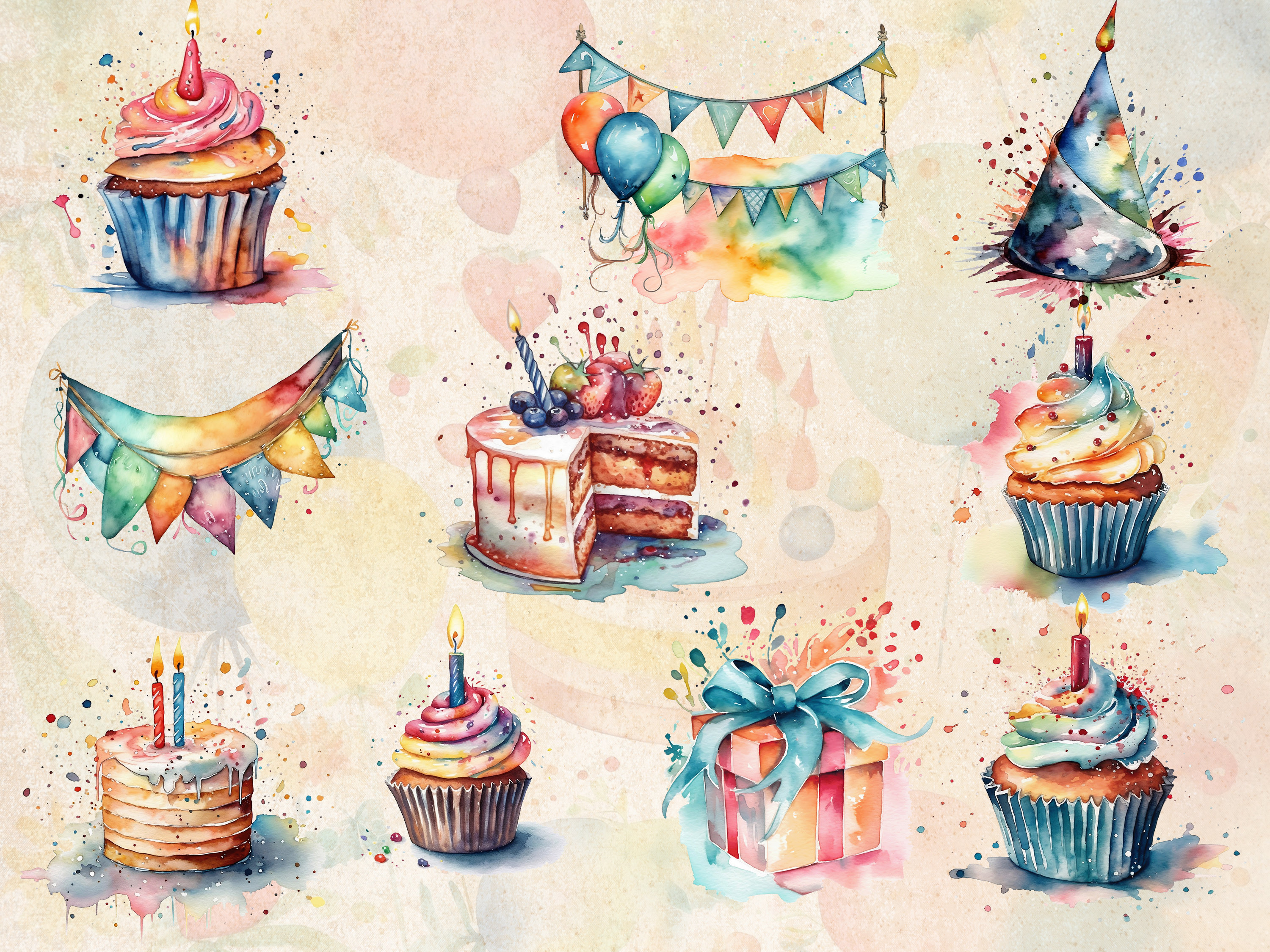 Watercolor Birthday Party, Clipart PNG Balloons and Cake, Watercolor ...