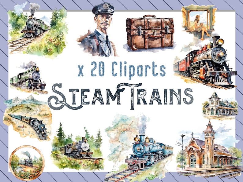Watercolor Old Trains Clipart Bundle, Vintage Trains PNG for Creative ...