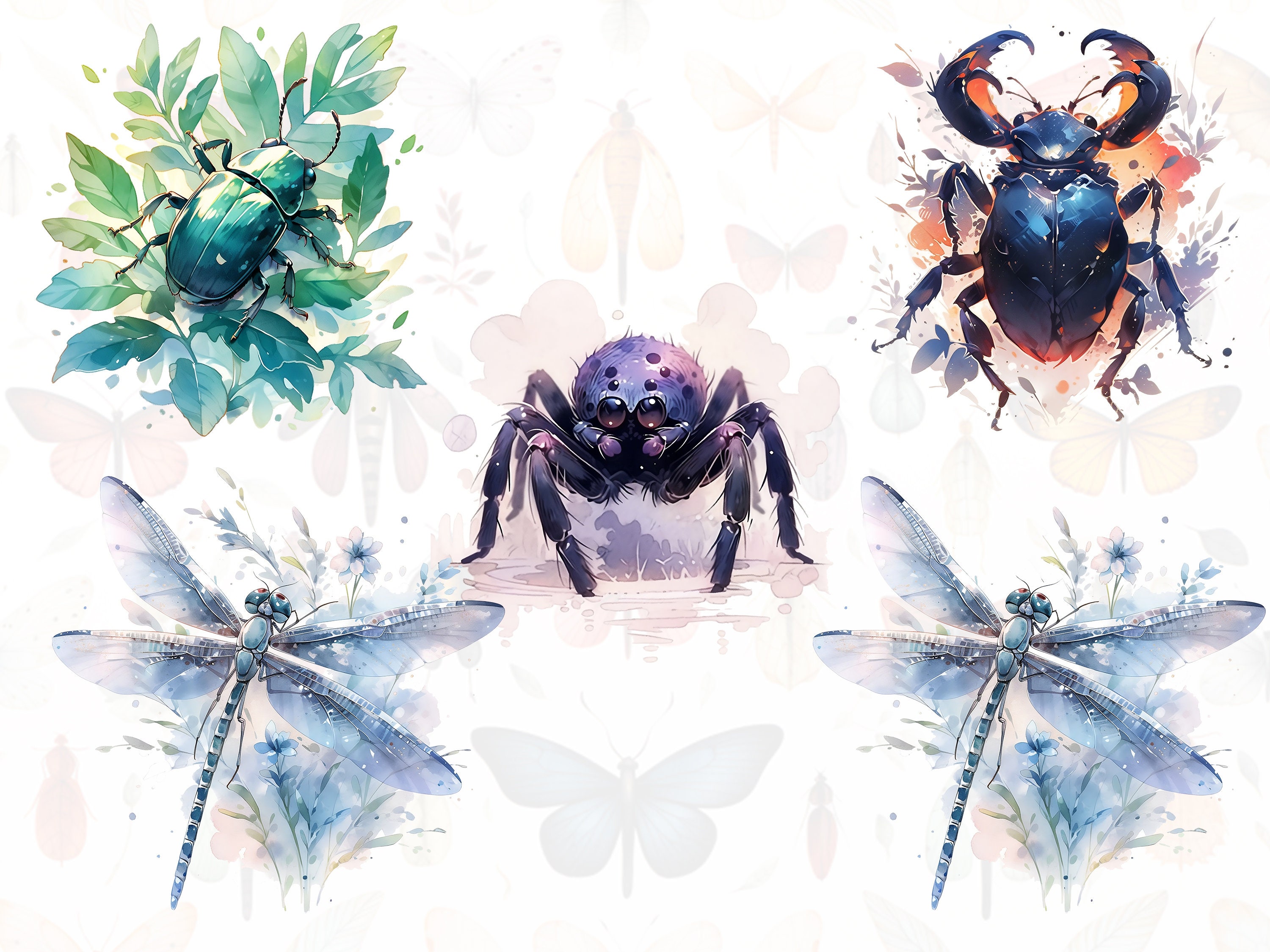 Watercolor Insects and Bugs Clipart Bundle, Watercolor PNG for ...