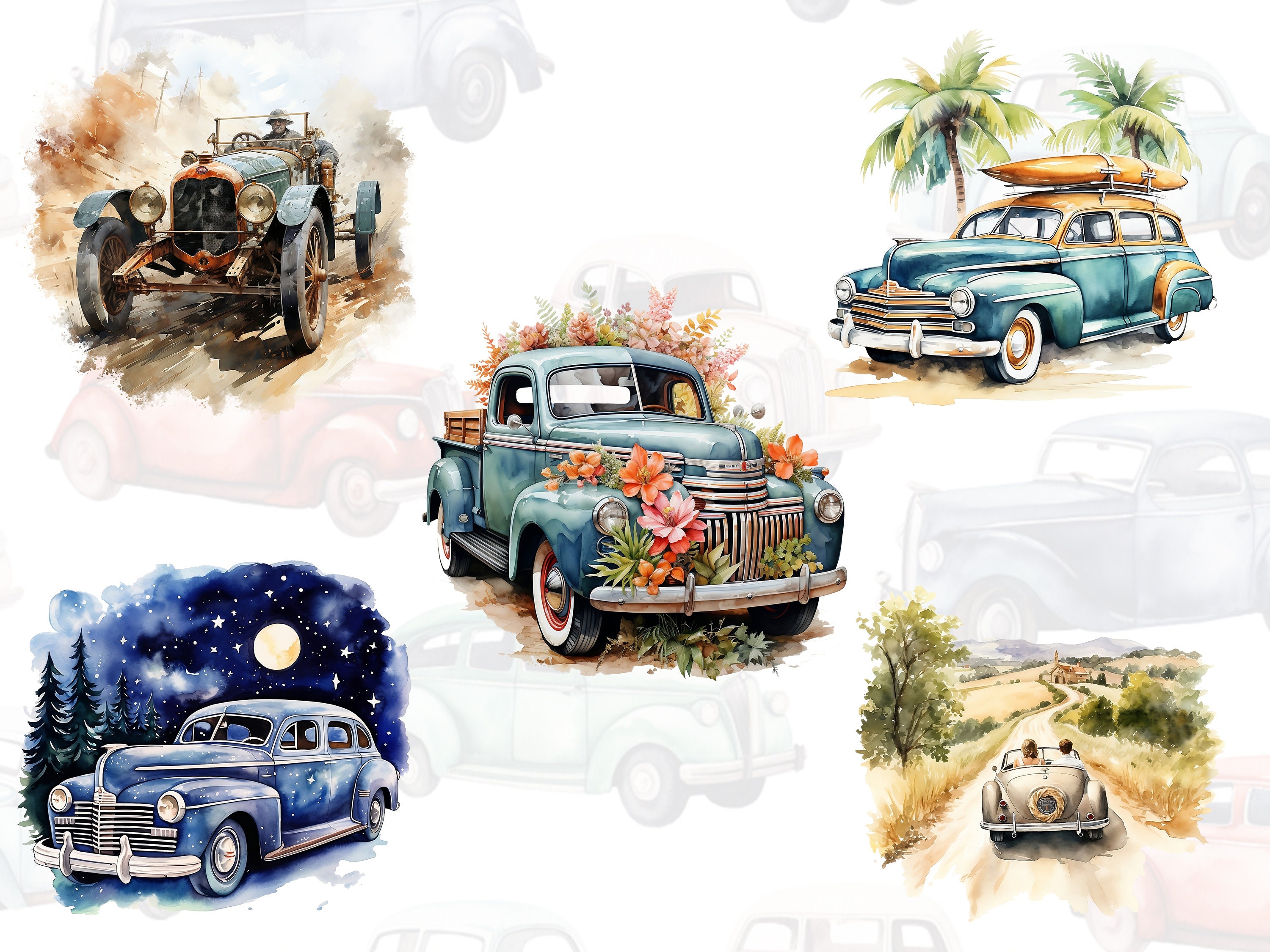 Watercolor Vintage Cars Clipart Bundle, Old Cars Coffee PNG for ...