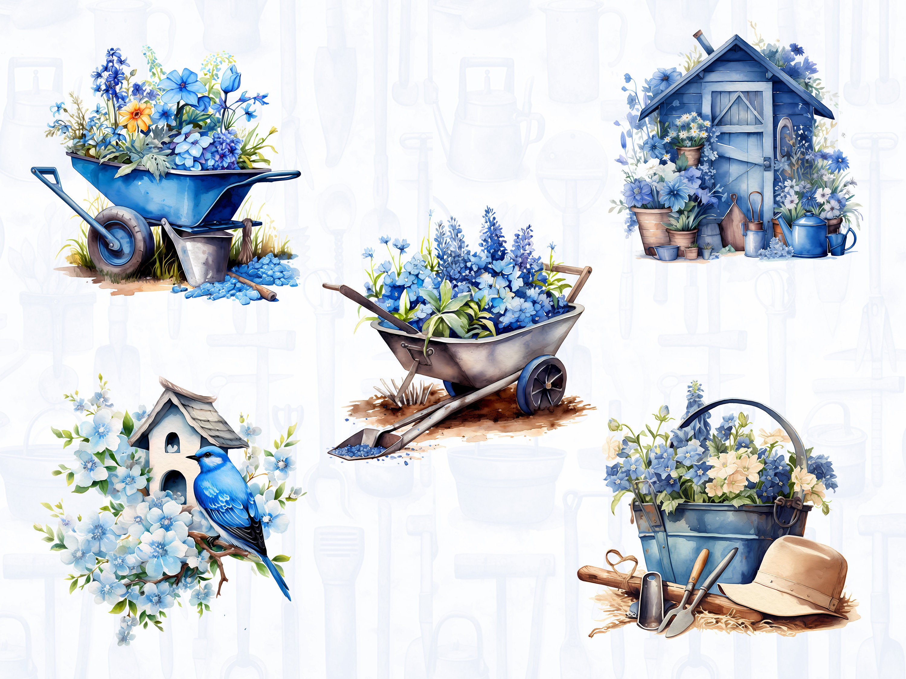 Watercolor Blue Gardening Clipart Bundle, Blue Watercolor Gardenings ...