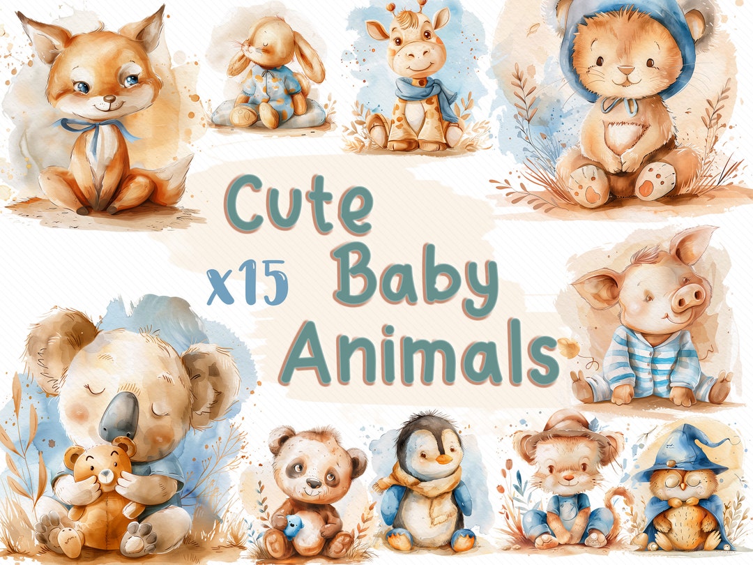 Cute Baby Animals Clipart Bundle, Watercolor Baby Room Cliparts for ...