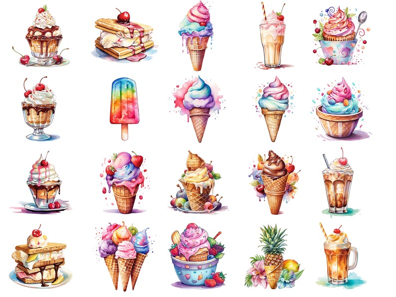 Watercolor Ice Cream Bundle, Watercolor Cliparts PNG of Various Ice ...