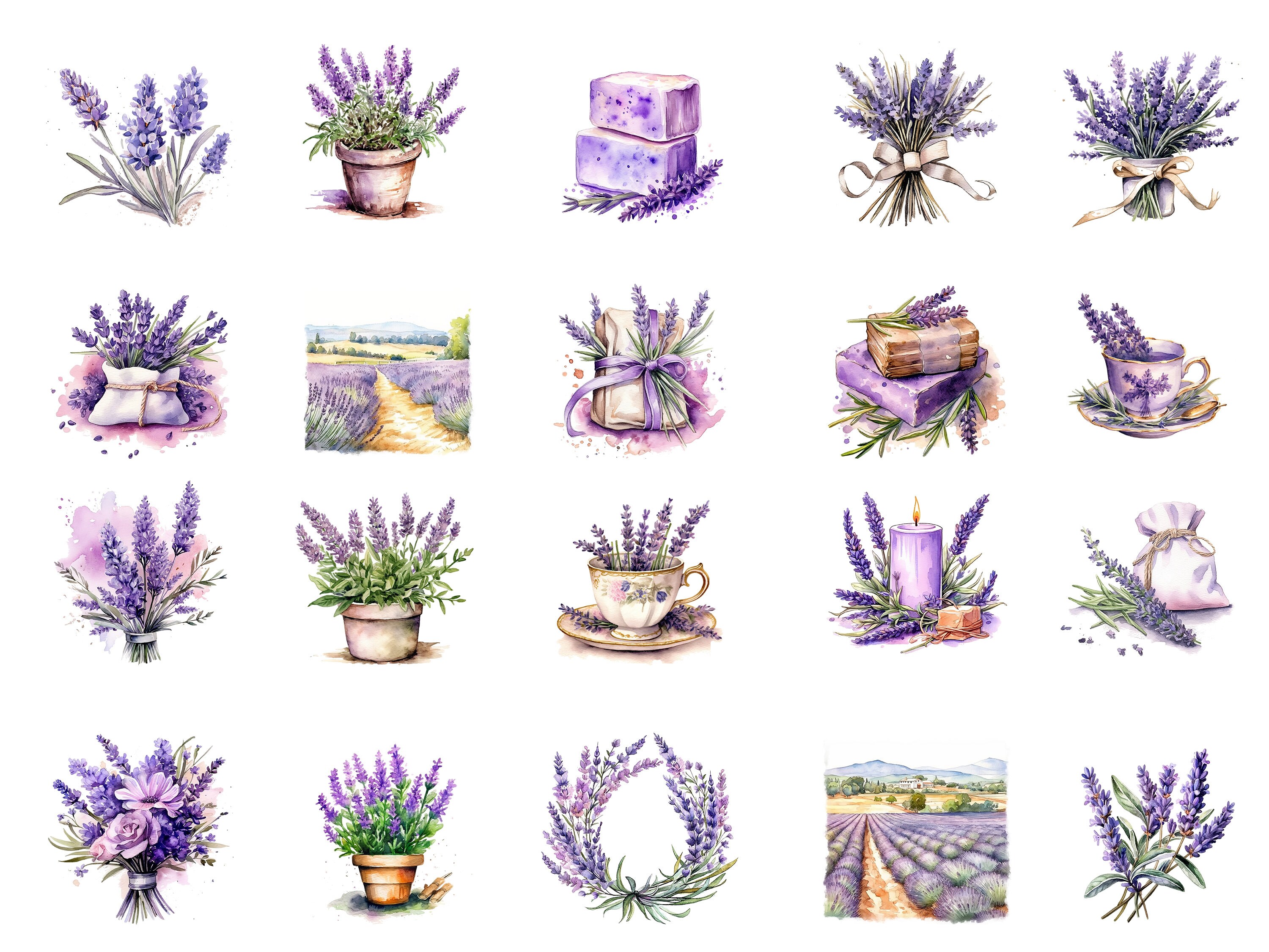 Watercolor Lavender Clipart Bundle, Watercolor Lavender Theme PNG for ...