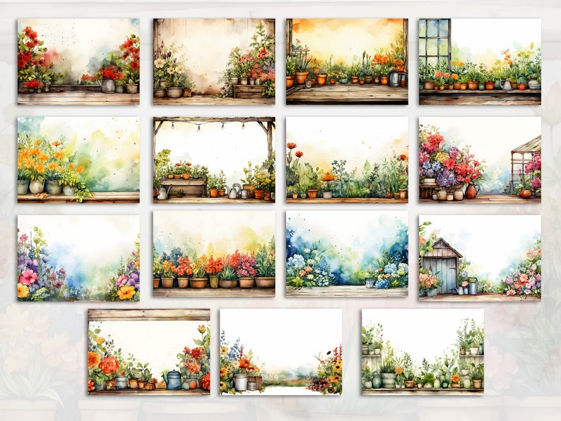 Gardening Backgrounds, Landscape and Portrait Watercolor Gardening ...