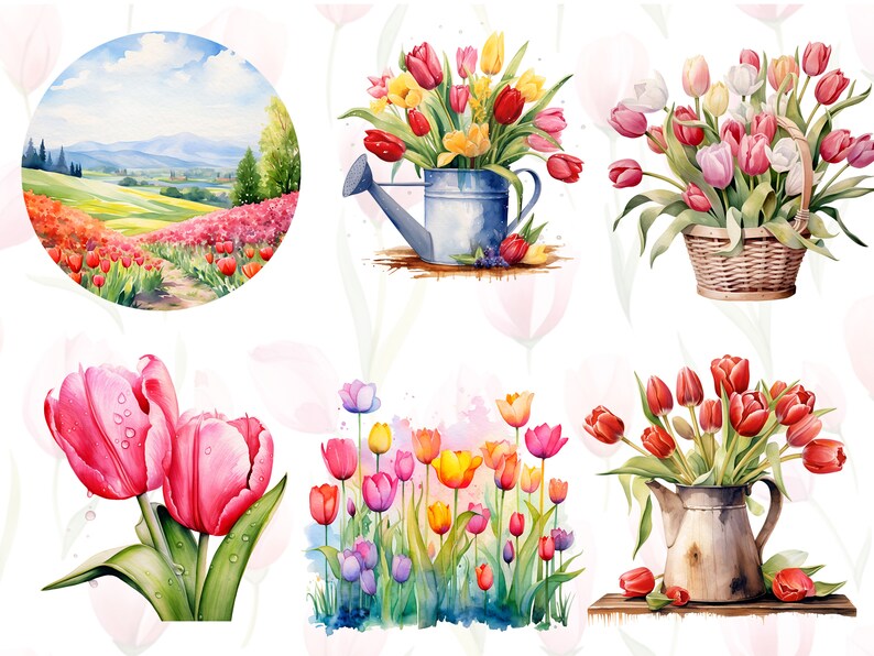 Watercolor Tulips Clipart PNG, Flower Bundle Clipart for Special ...