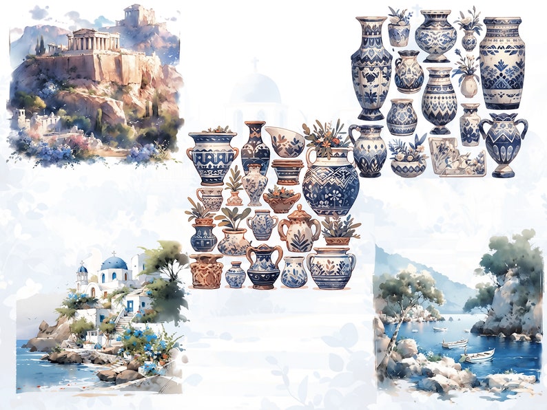 Watercolor Clipart of Greece, PNG Clipart Greek Culture, Travel Clipart ...