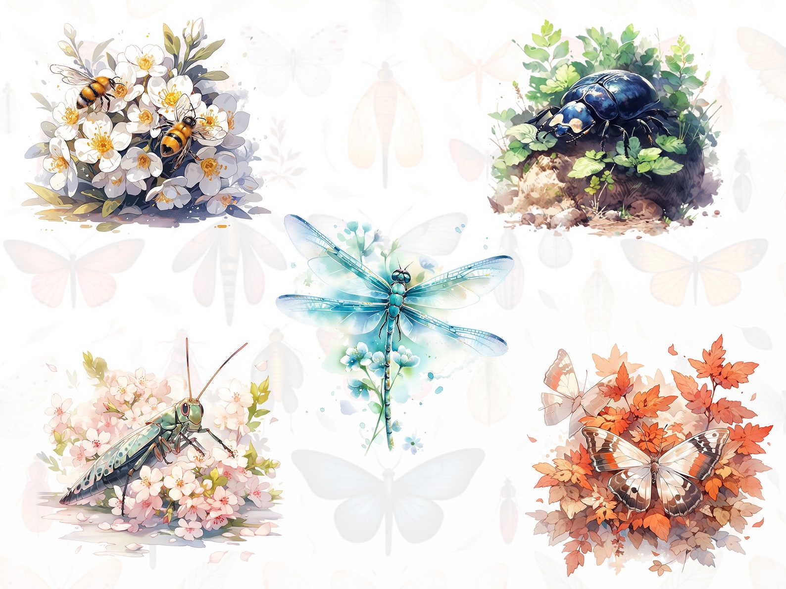 Watercolor Insects and Bugs Clipart Bundle, Watercolor PNG for ...