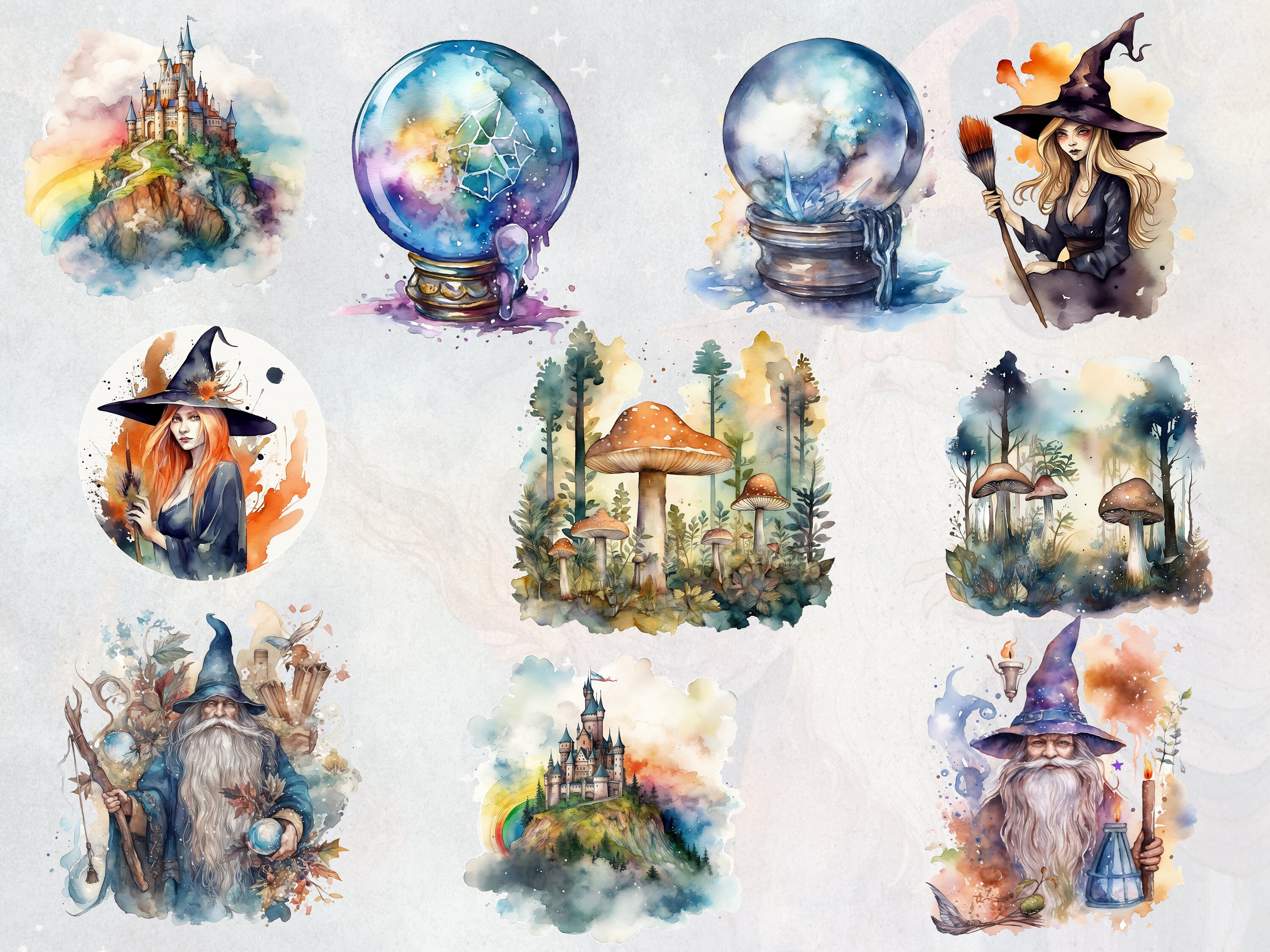 Watercolor Fantasy, Clipart PNG Magic, Watercolor Wizard Bundle ...