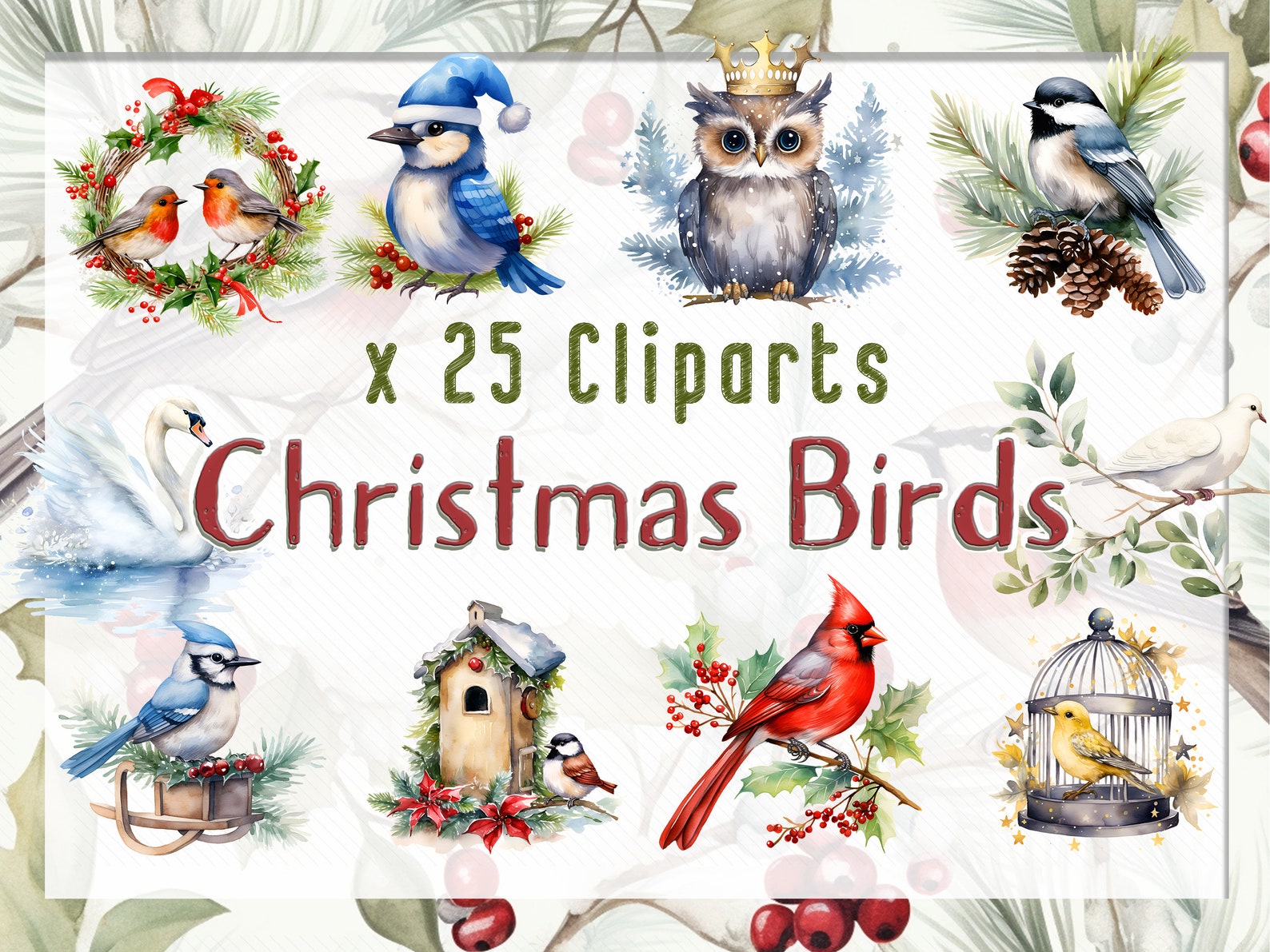 Watercolor Christmas Birds, Clipart PNG Cute Christmas Birds Bundle ...