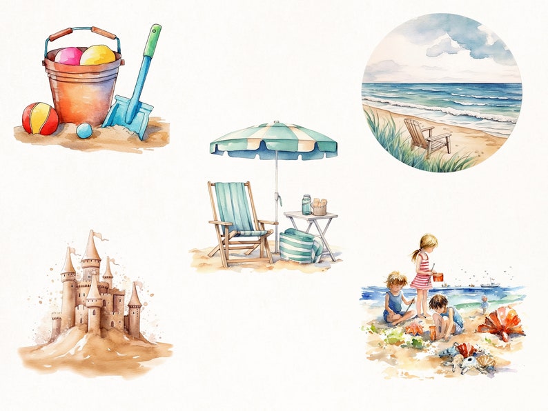 Summer Watercolor Clipart Bundle, Watercolor Beach and Summer Theme PNG ...