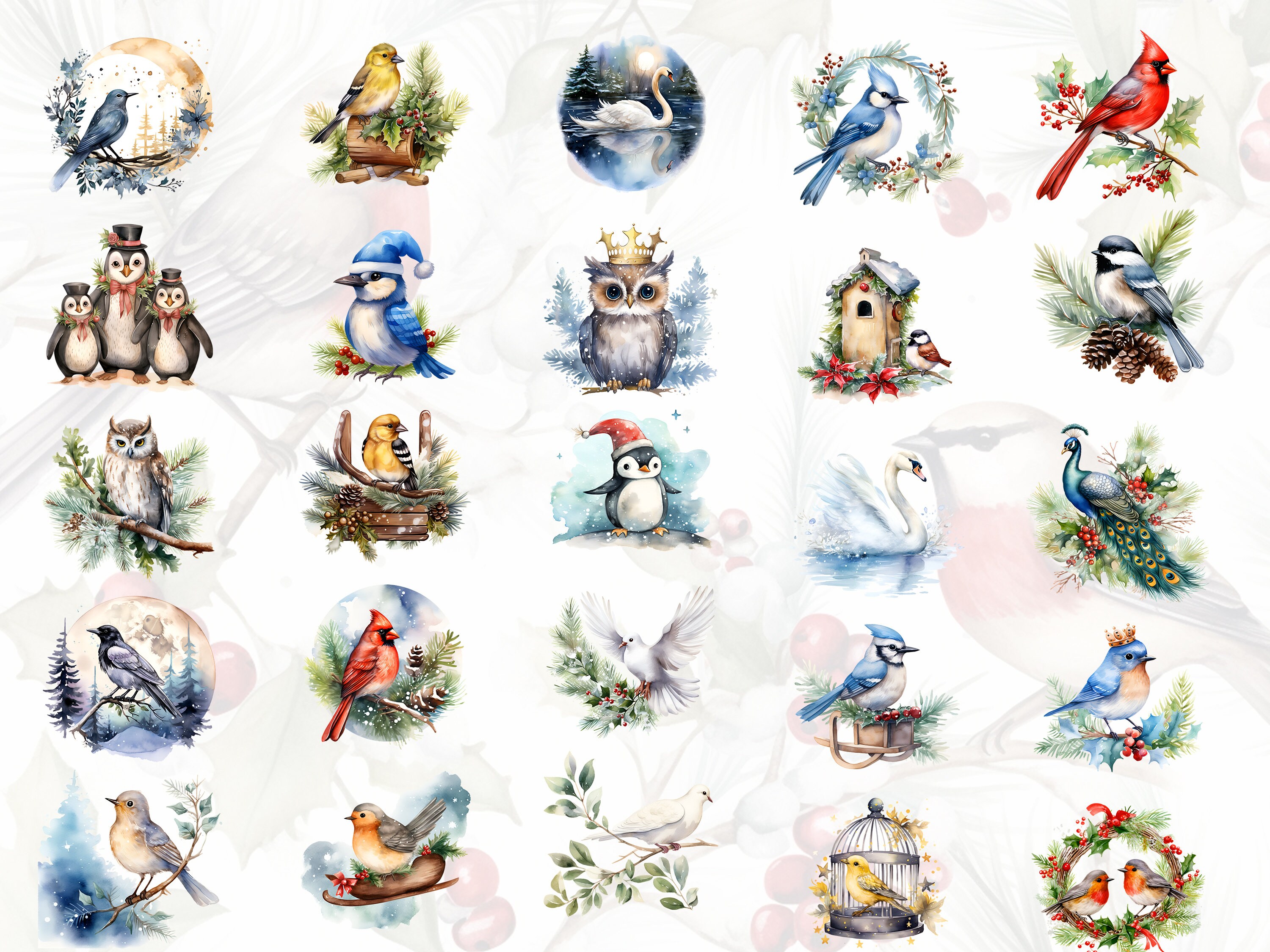 Watercolor Christmas Birds, Clipart PNG Cute Christmas Birds Bundle ...
