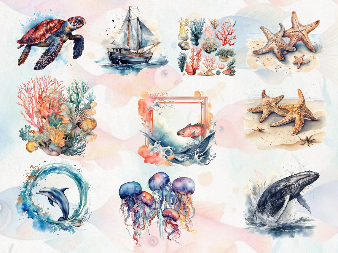 Watercolor Ocean and Sea, Clipart PNG Ocean Theme, Watercolor Sealife ...