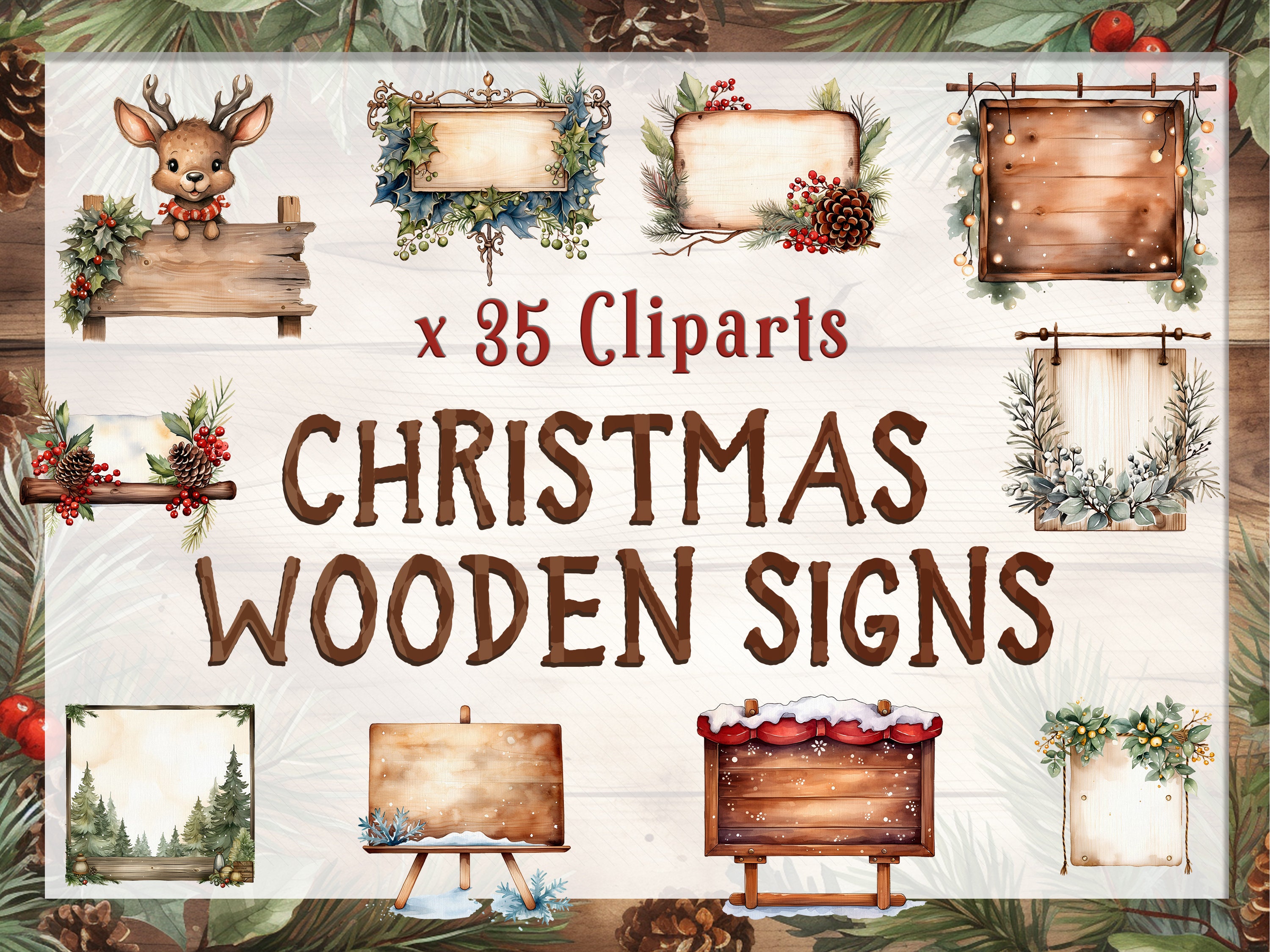 Watercolor Christmas Wooden Signs, Cliparts of Empty Wooden Signs for ...