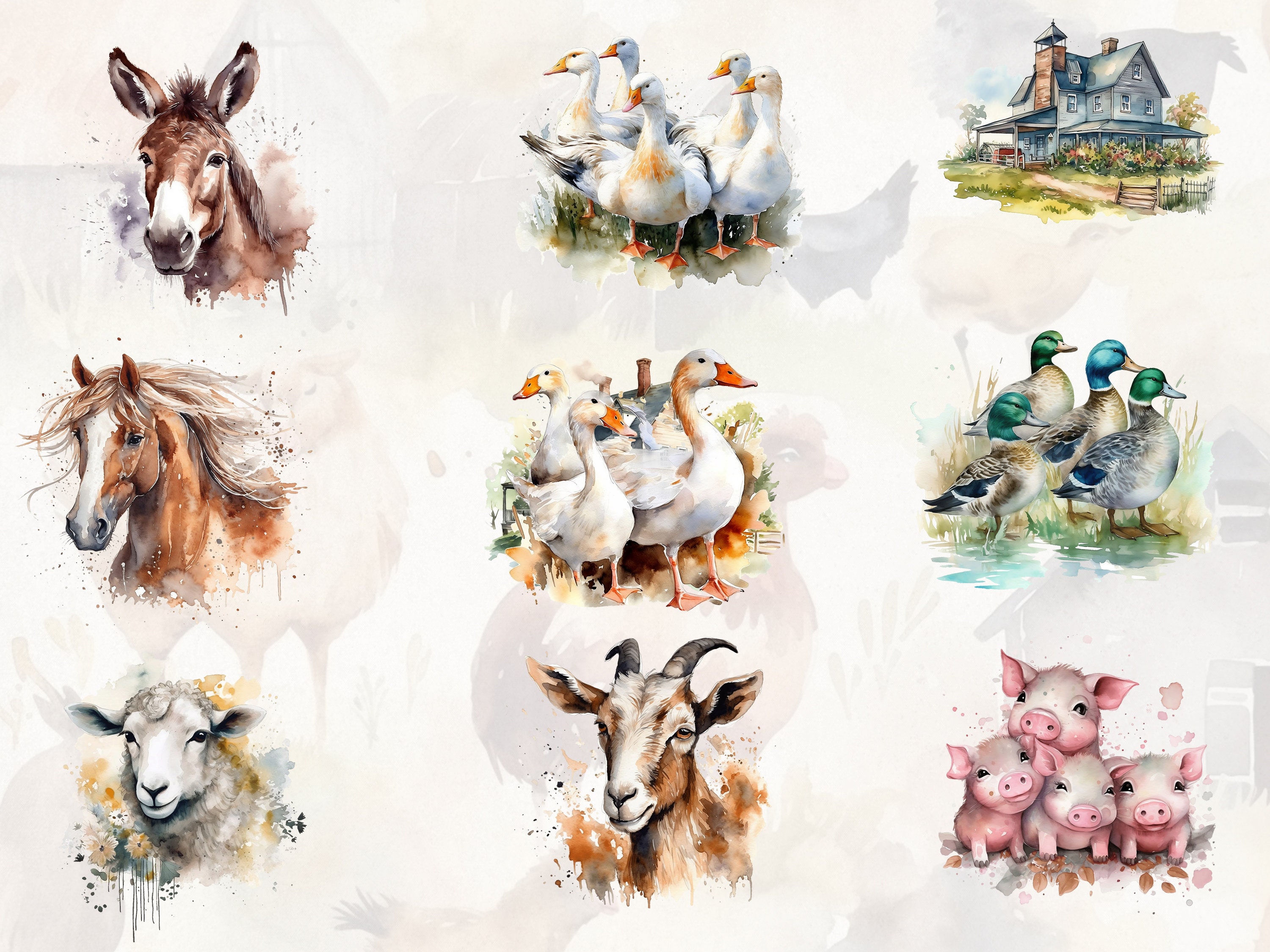 Watercolor Clipart Farm Animals, Sheep, Horse and Ducks, Watercolor PNG ...
