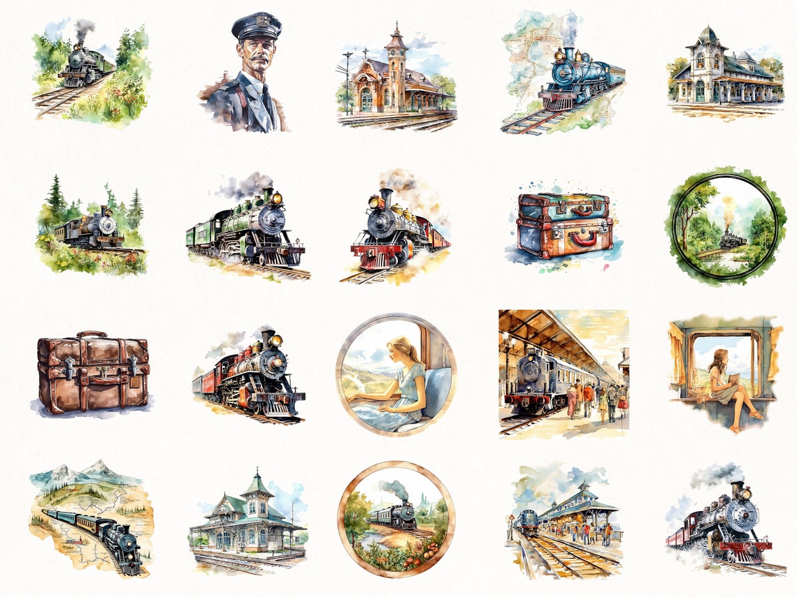 Watercolor Old Trains Clipart Bundle Vintage Trains PNG for - Etsy