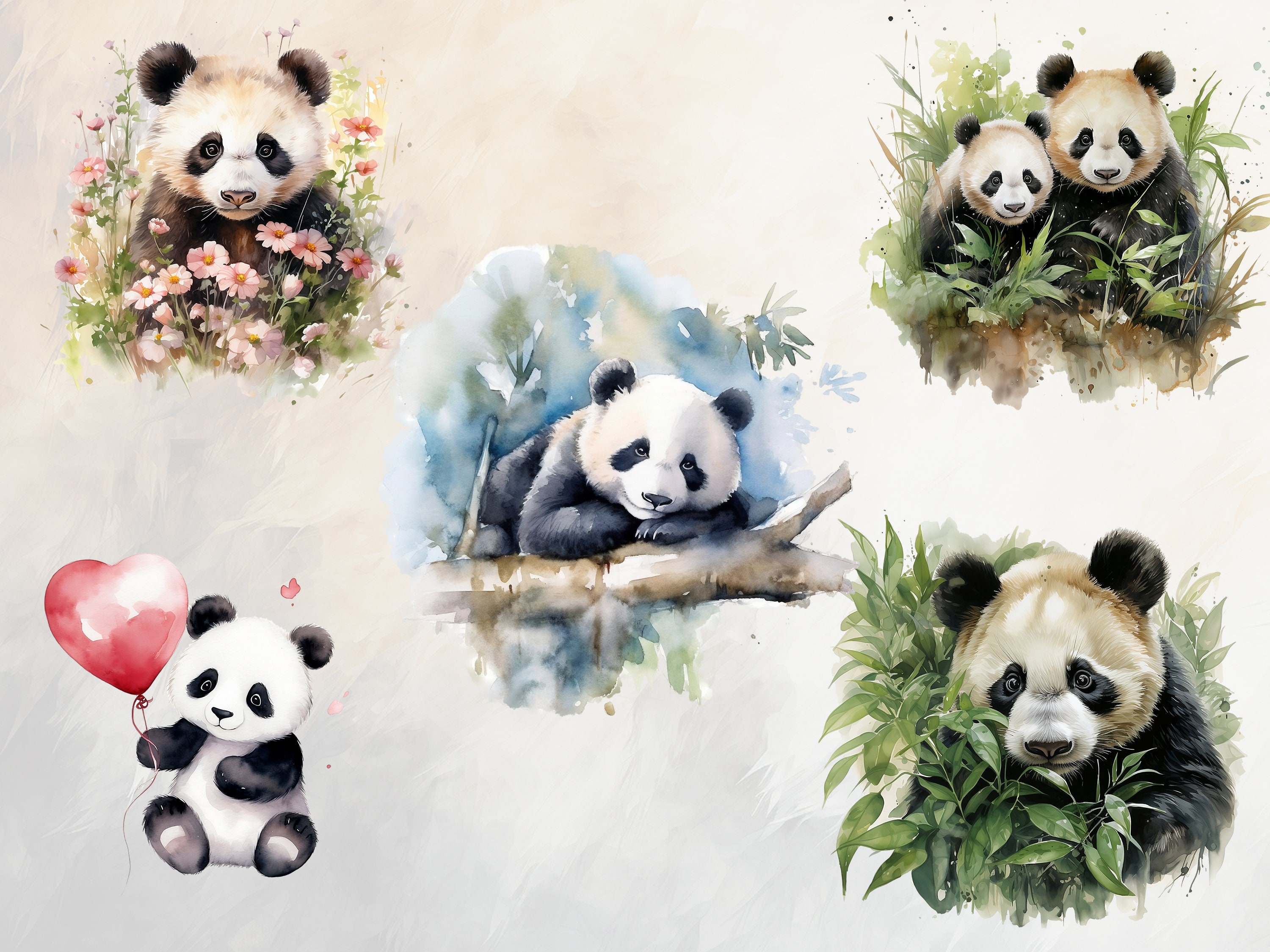 Watercolor Panda Clipart Bundle, Watercolor Cute and Funny Pandas PNG ...