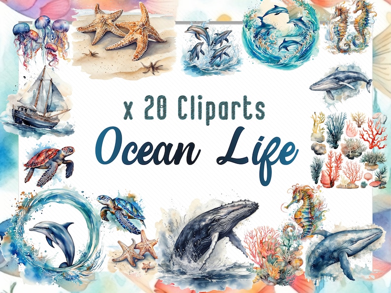 Watercolor Ocean and Sea, Clipart PNG Ocean Theme, Watercolor Sealife ...