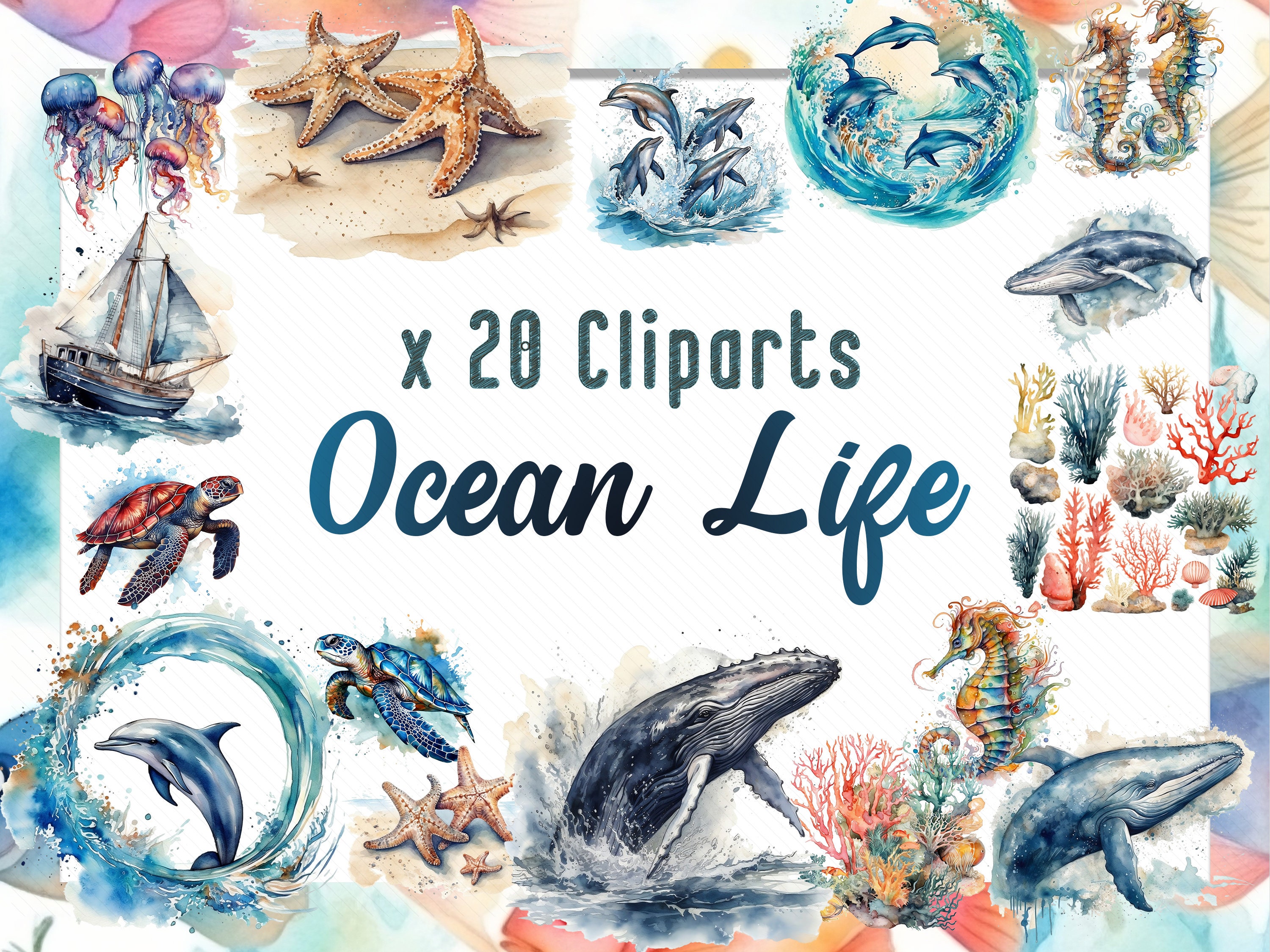 Watercolor Ocean and Sea, Clipart PNG Ocean Theme, Watercolor Sealife ...
