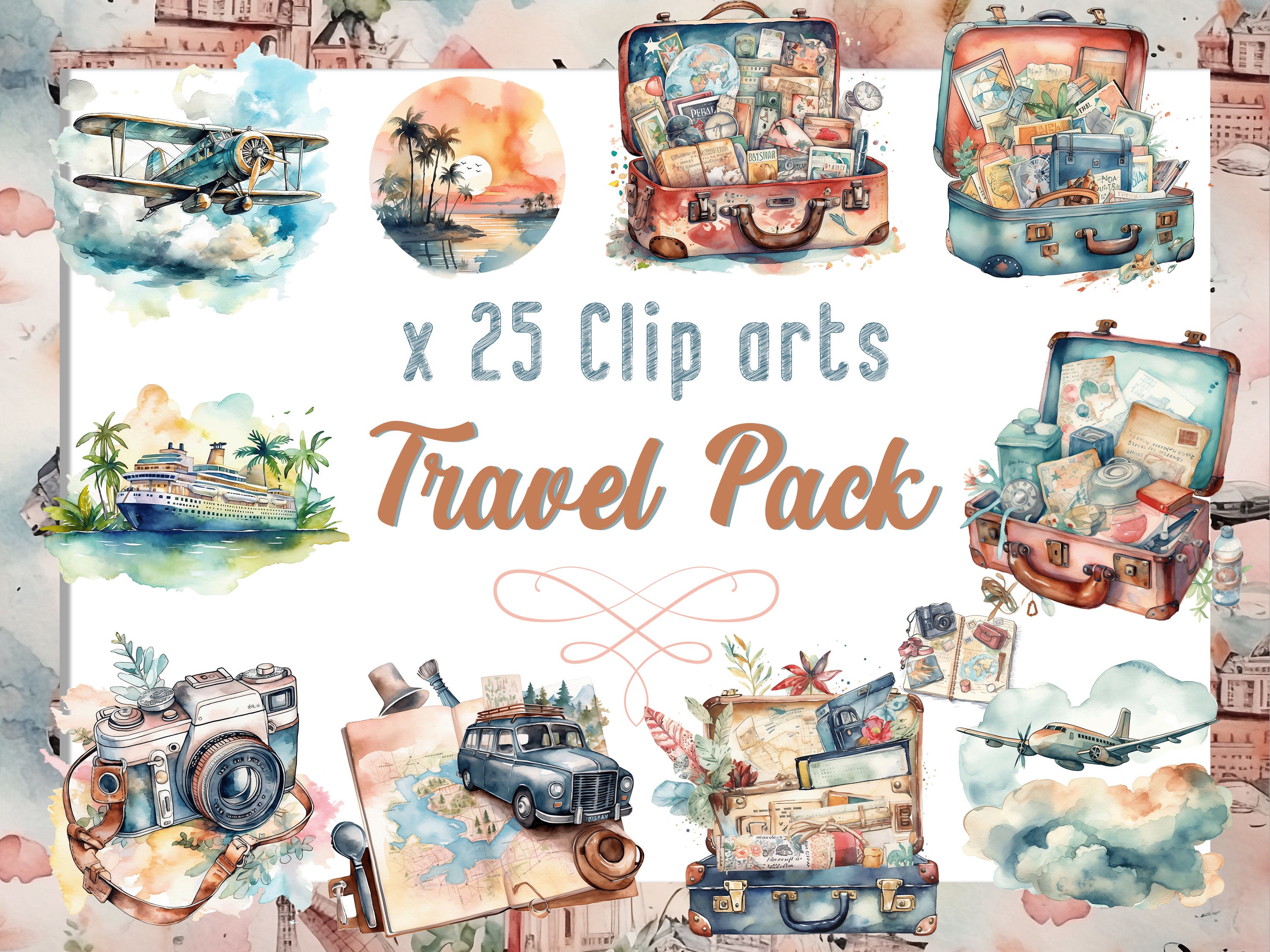 Watercolor Drawings Travel Pack, Clipart PNG Travel Journal, Watercolor ...