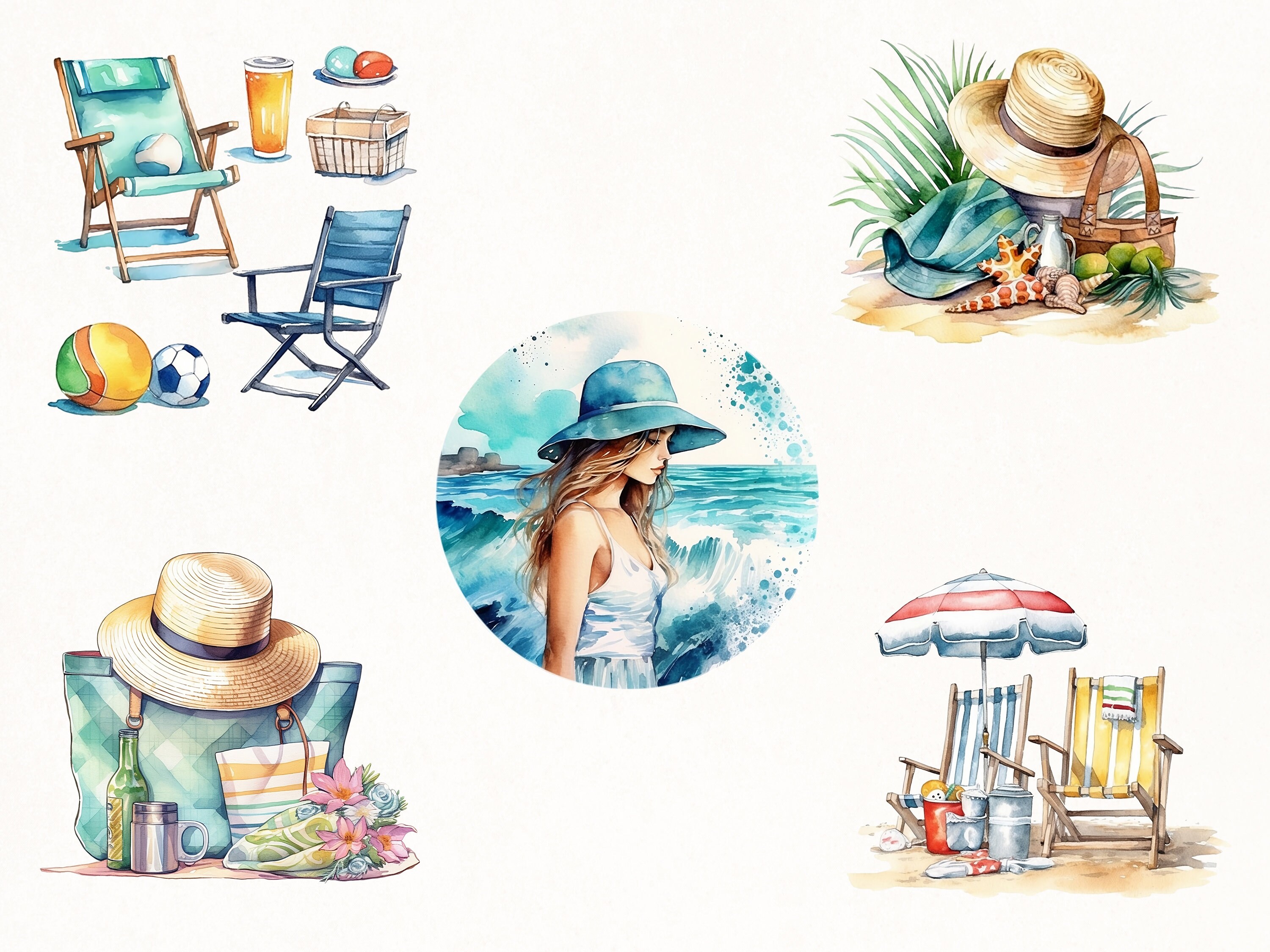 Summer Watercolor Clipart Bundle, Watercolor Beach and Summer Theme PNG ...