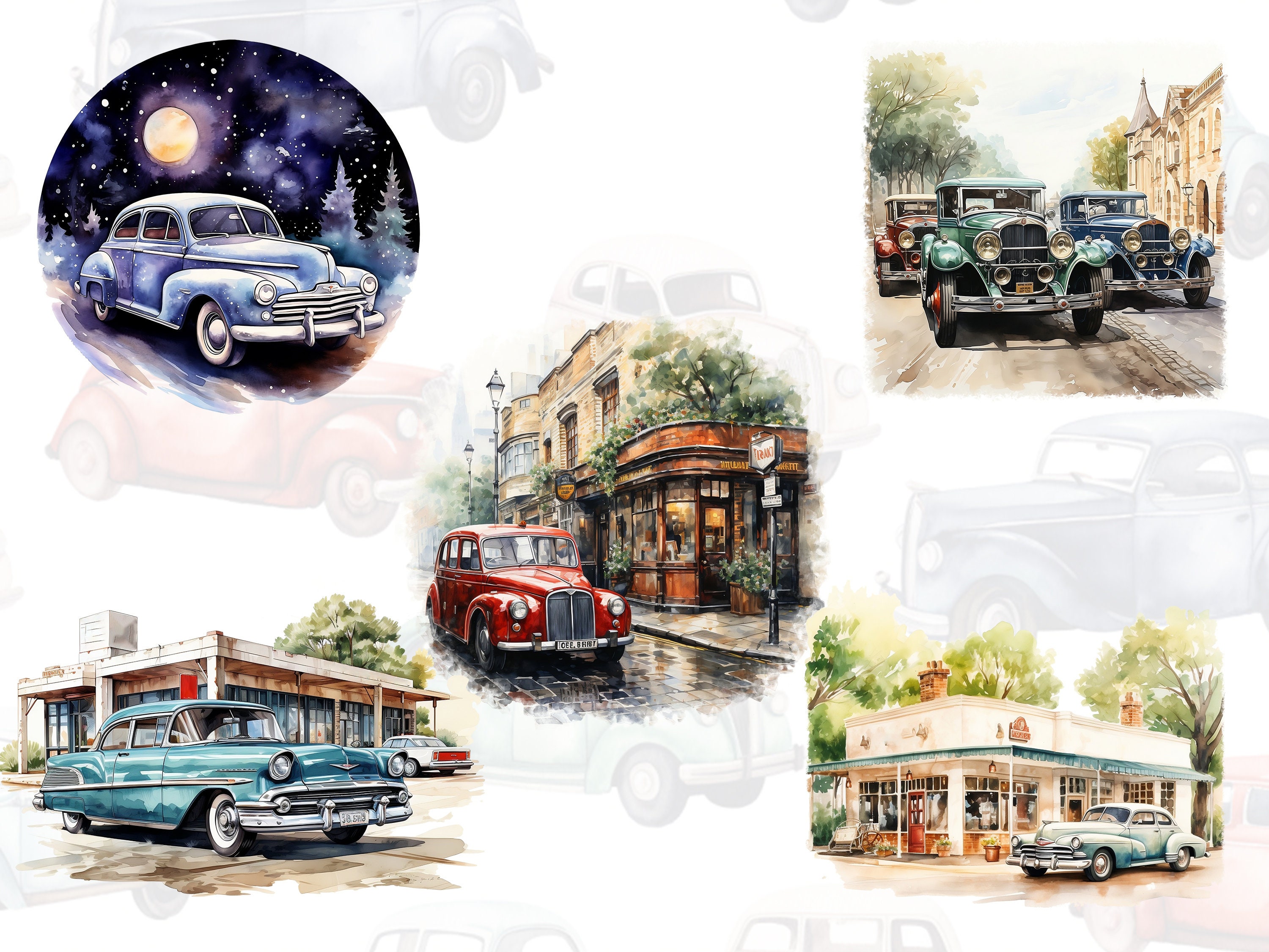 Watercolor Vintage Cars Clipart Bundle, Old Cars Coffee PNG for ...