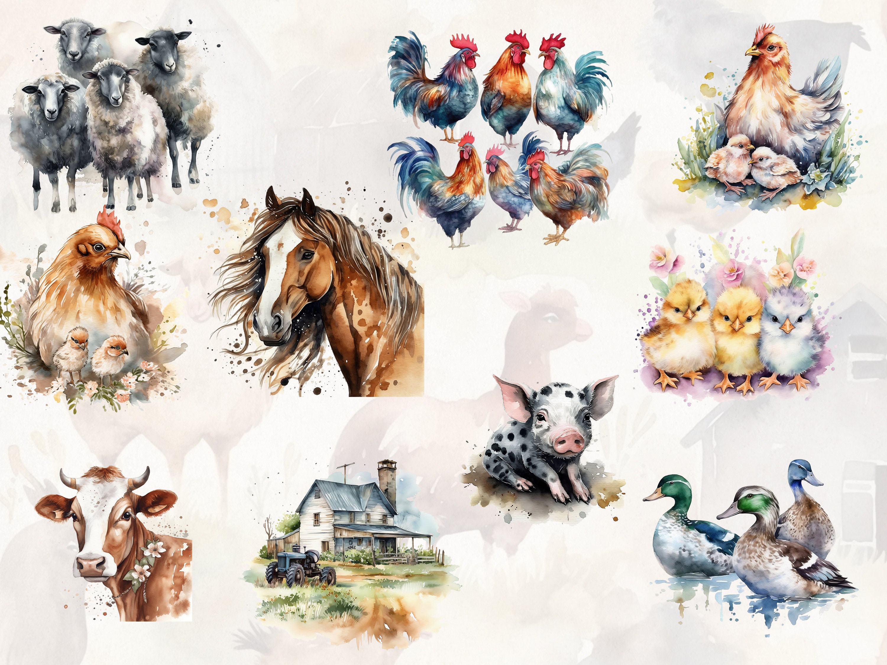 Watercolor Clipart Farm Animals, Sheep, Horse and Ducks, Watercolor PNG ...