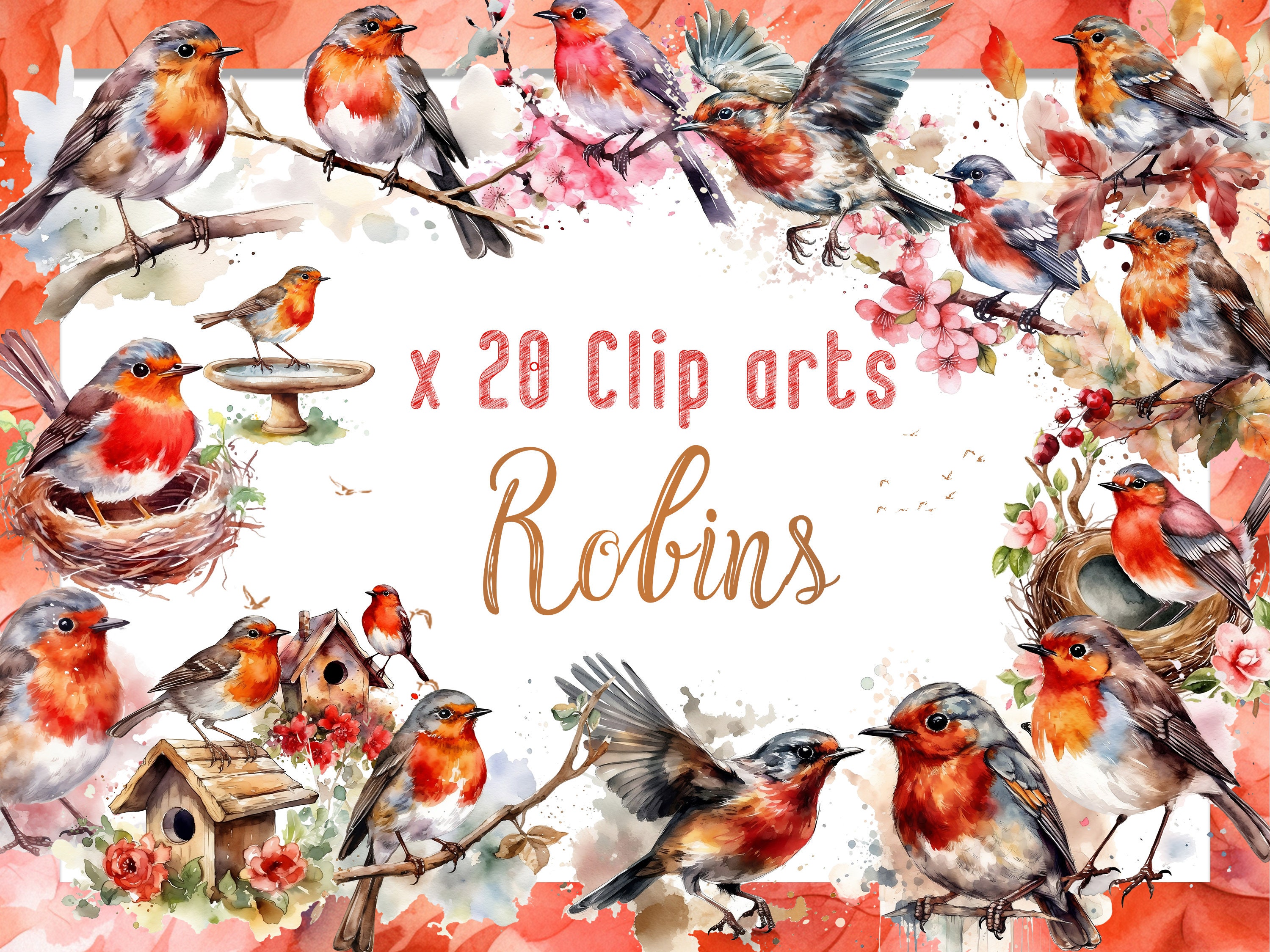 Watercolor Clipart Robins, Red Robins, European Robins, Watercolor PNG ...