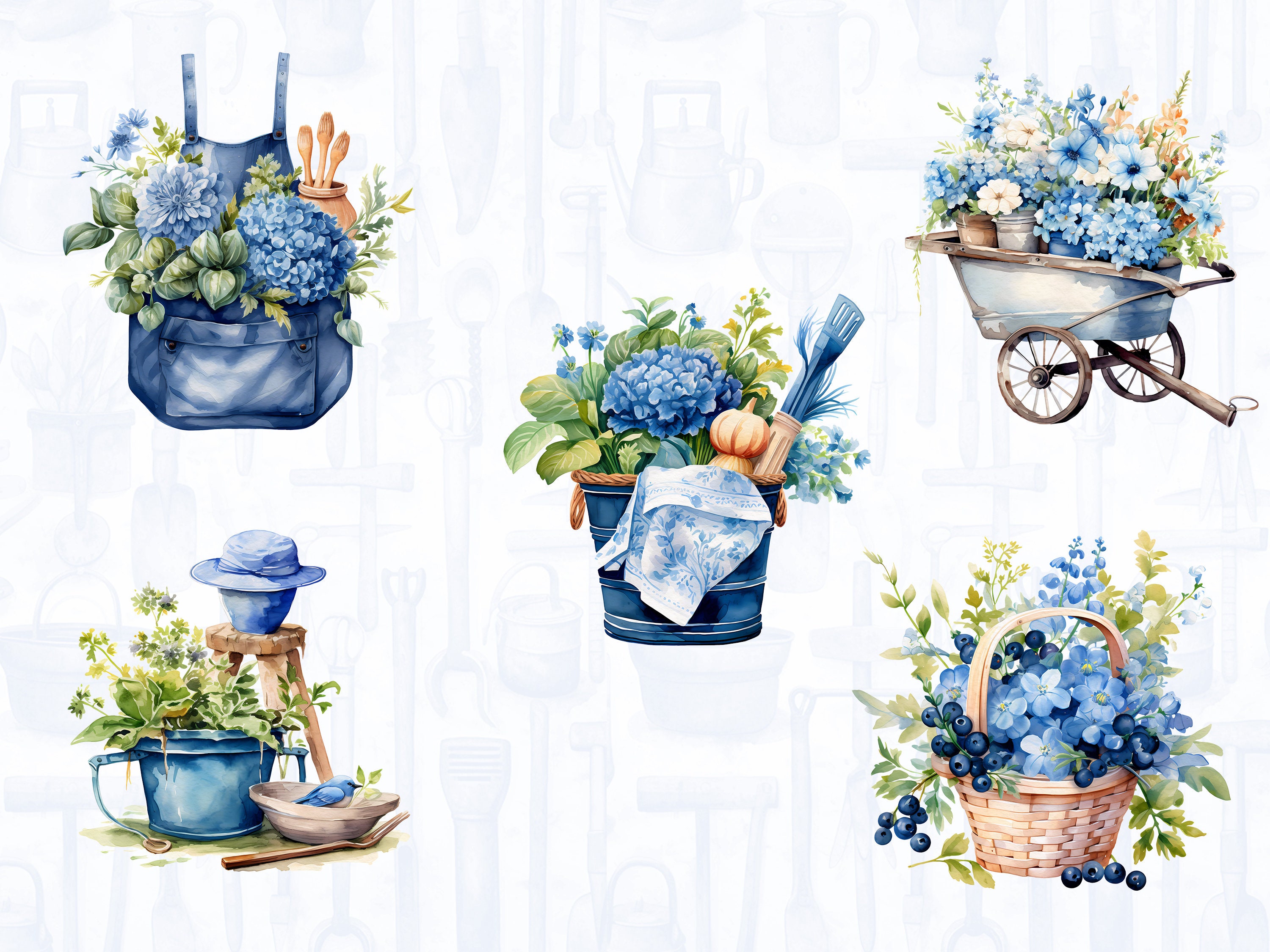 Watercolor Blue Gardening Clipart Bundle, Blue Watercolor Gardenings ...