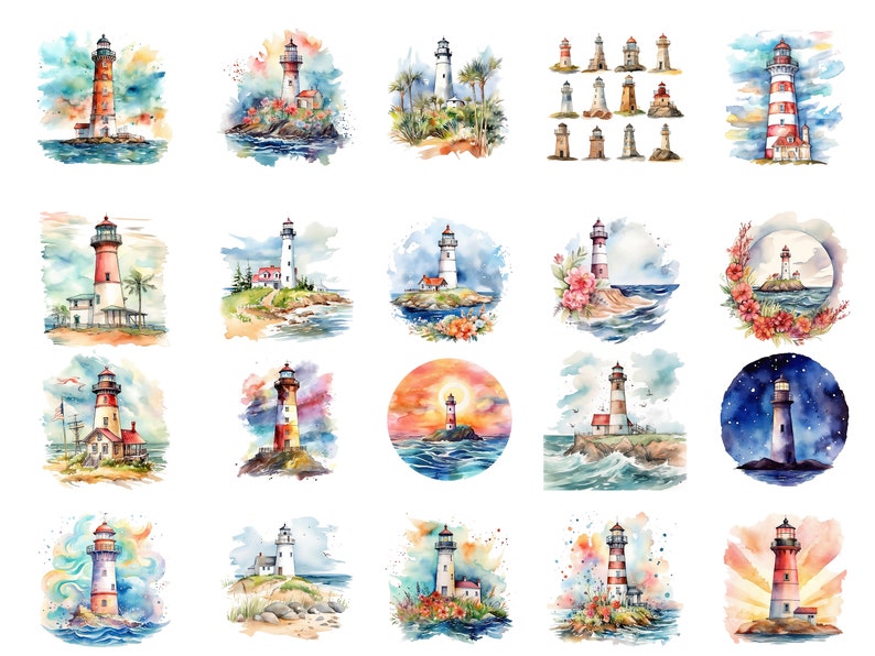 Watercolor Lighthouse Clipart Bundle PNG Cliparts on Theme - Etsy