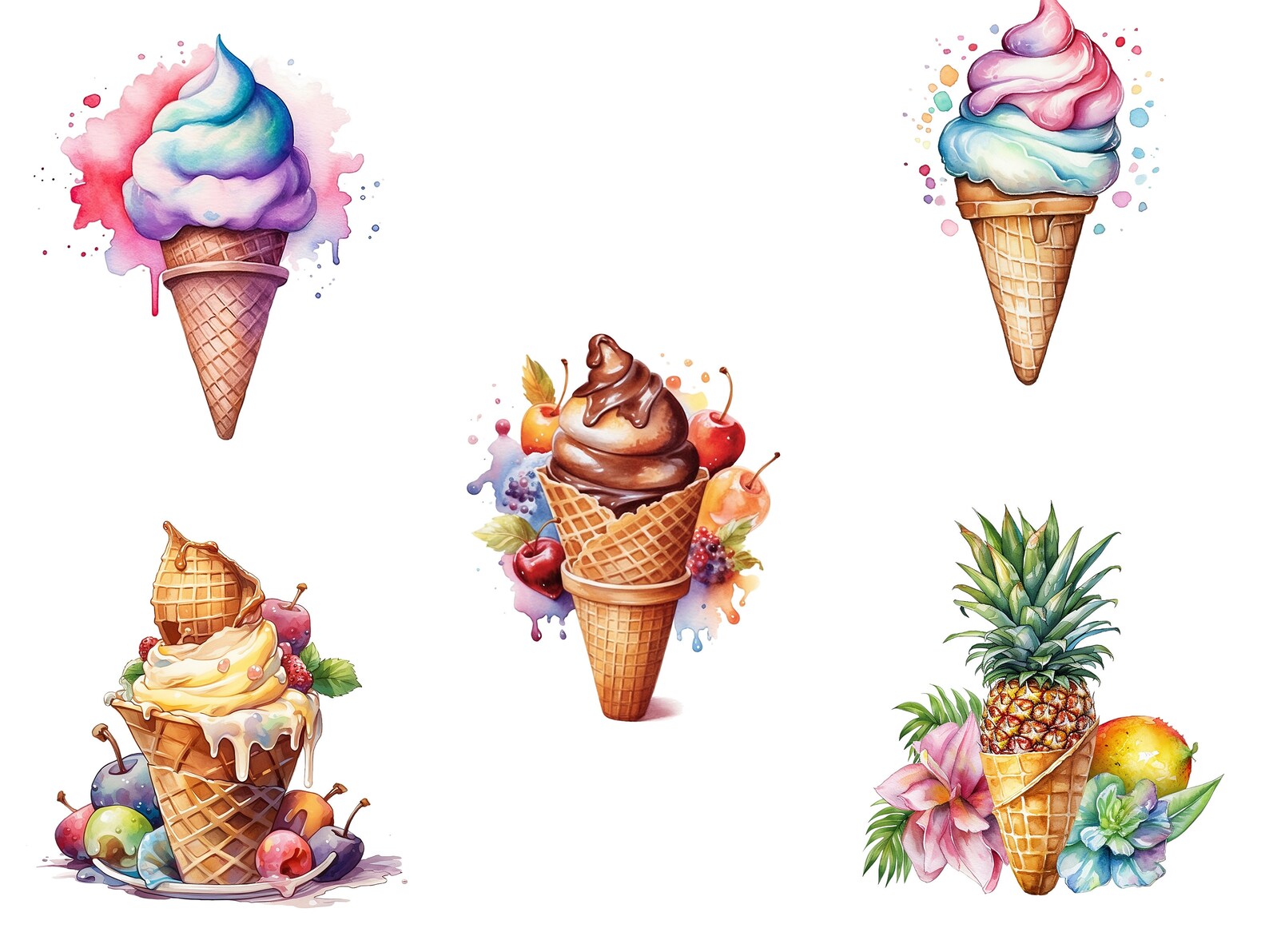 Watercolor Ice Cream Bundle, Watercolor Cliparts PNG of Various Ice ...