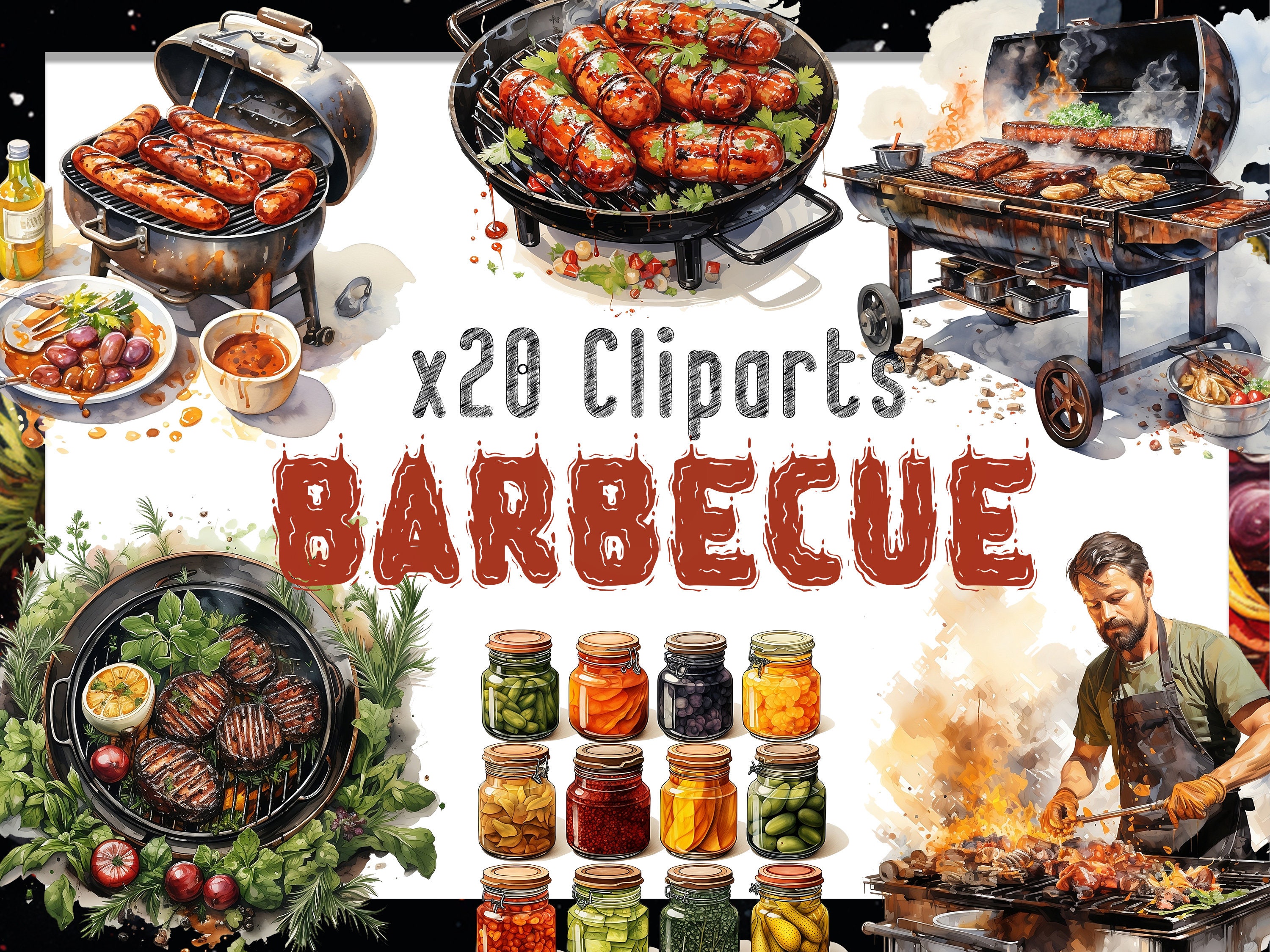 Watercolor Barbecue Pack, Clipart PNG Barbecue Illustrations, Barbecue ...
