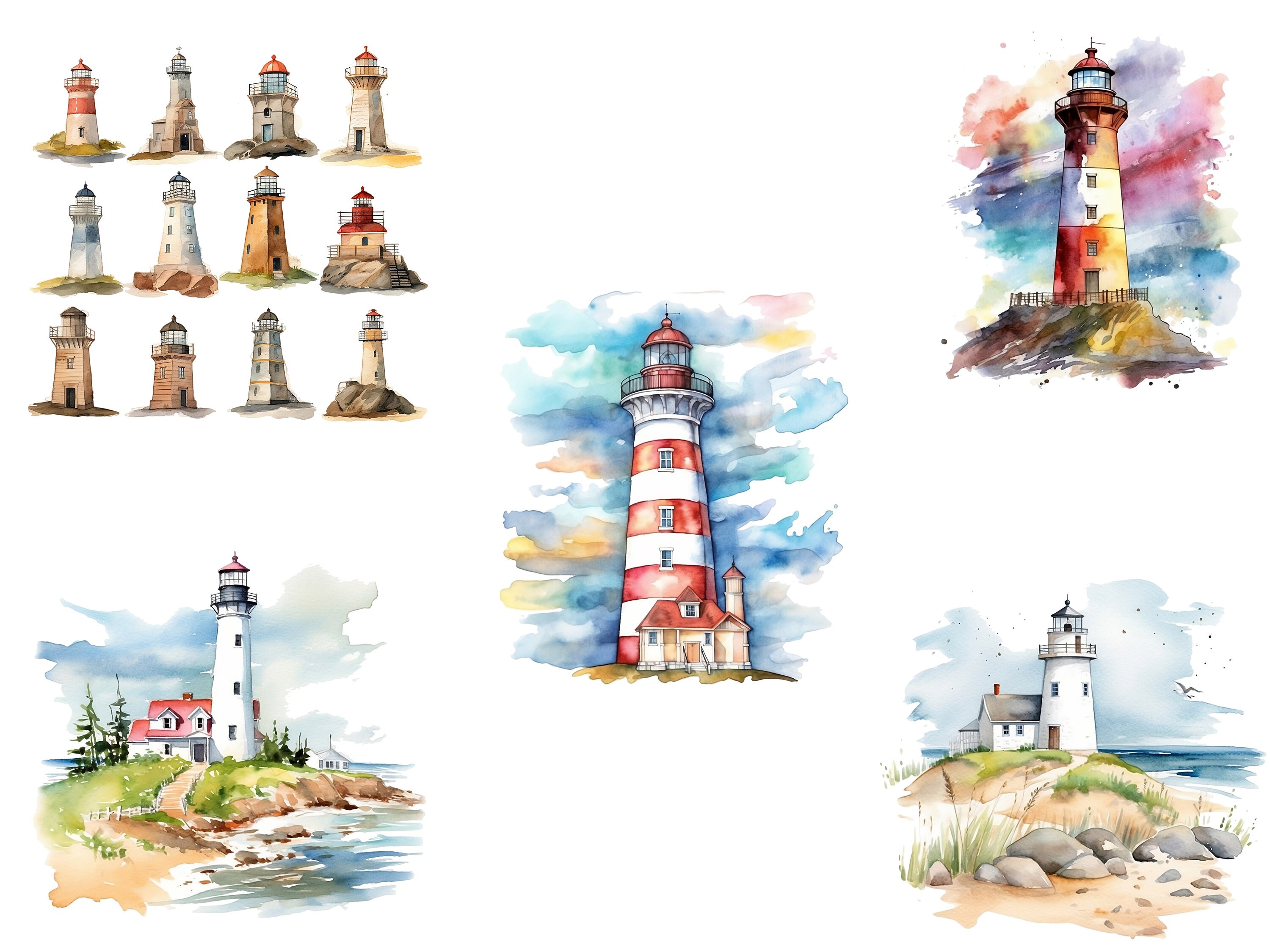 Watercolor Lighthouse Clipart Bundle, PNG Cliparts on Theme Lighthouses ...