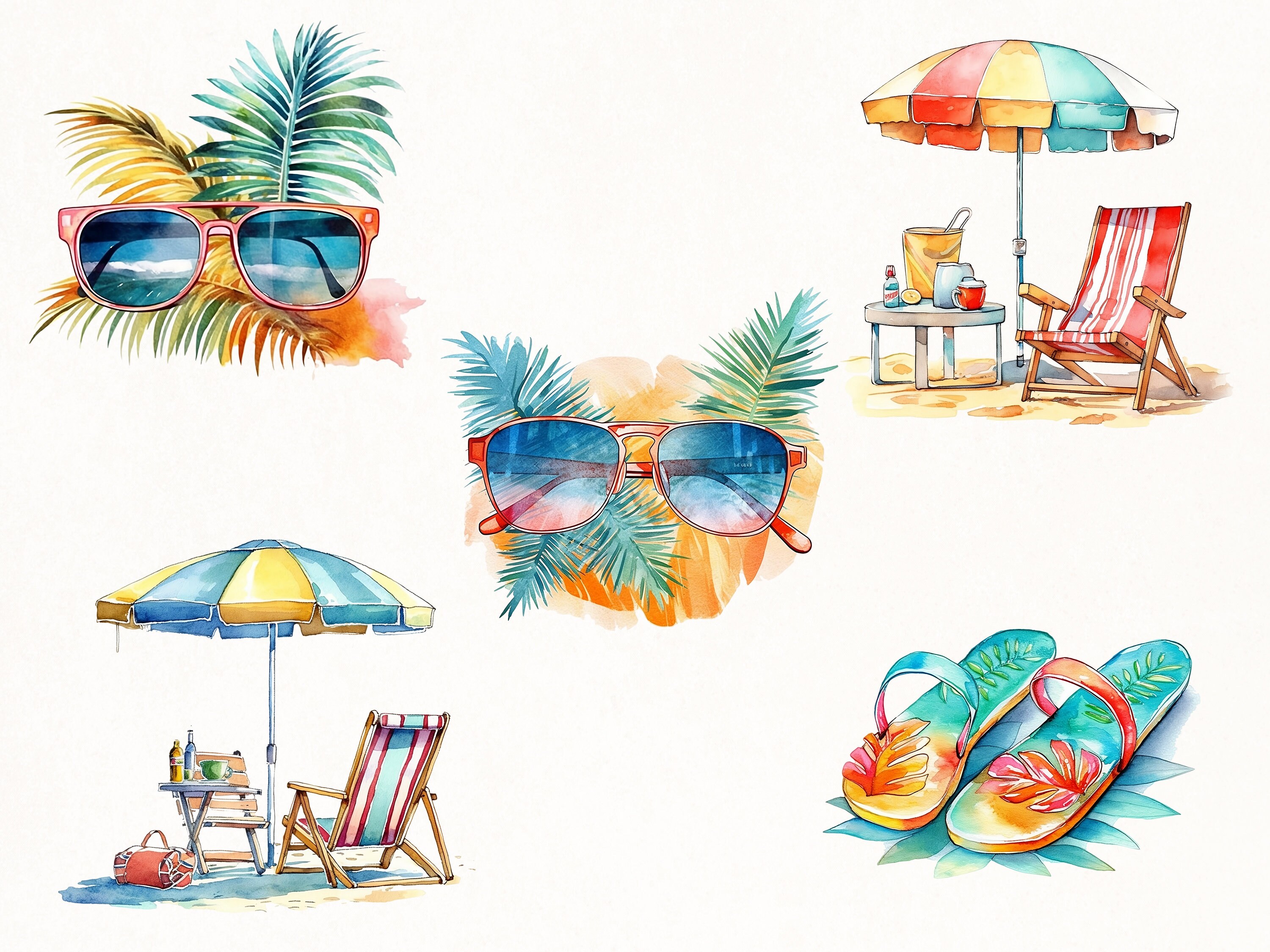 Summer Watercolor Clipart Bundle, Watercolor Beach and Summer Theme PNG ...