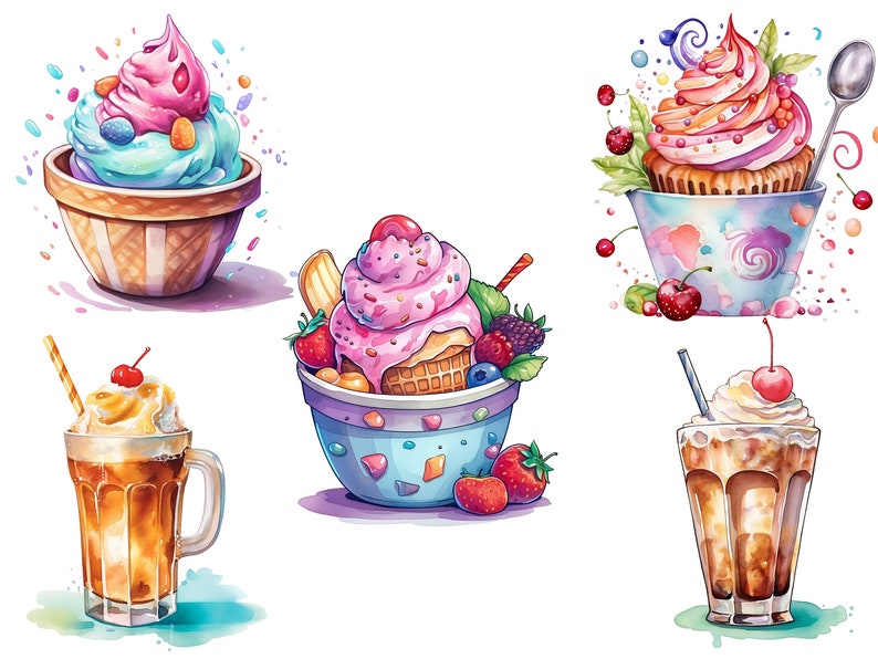 Watercolor Ice Cream Bundle, Watercolor Cliparts PNG of Various Ice ...