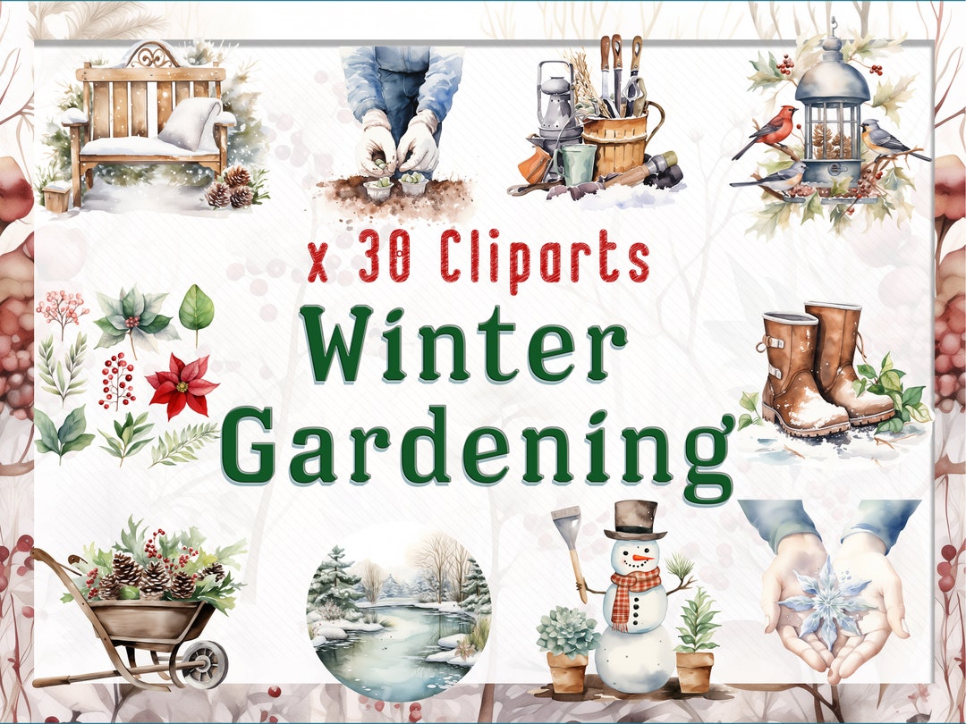 Watercolor Winter Gardening Clipart Bundle, Watercolor Winter Gardening PNG for Scrapbooking or ...