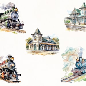 Watercolor Old Trains Clipart Bundle, Vintage Trains PNG for Creative ...