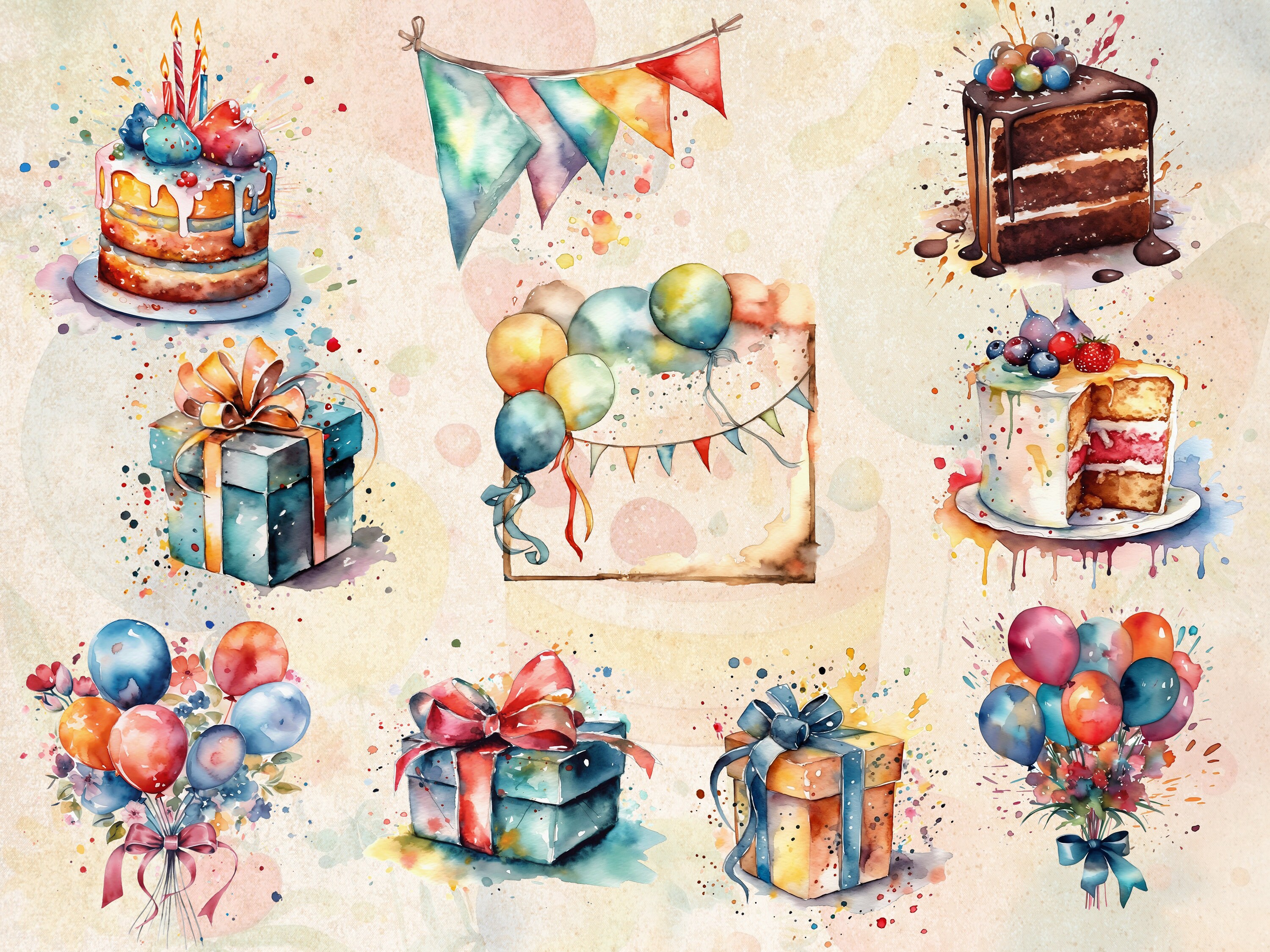 Watercolor Birthday Party, Clipart PNG Balloons and Cake, Watercolor ...