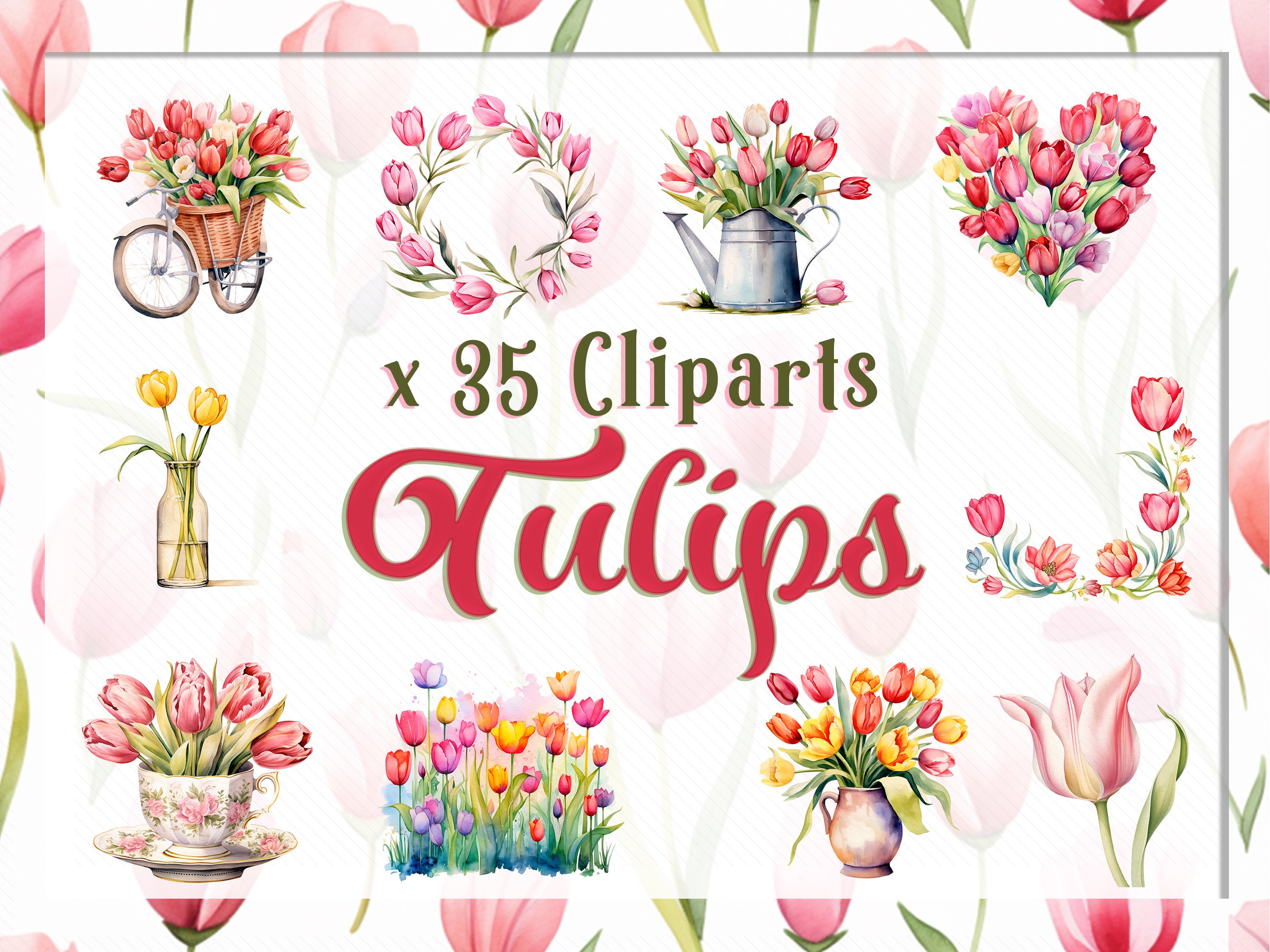 Watercolor Tulips Clipart PNG, Flower Bundle Clipart for Special ...
