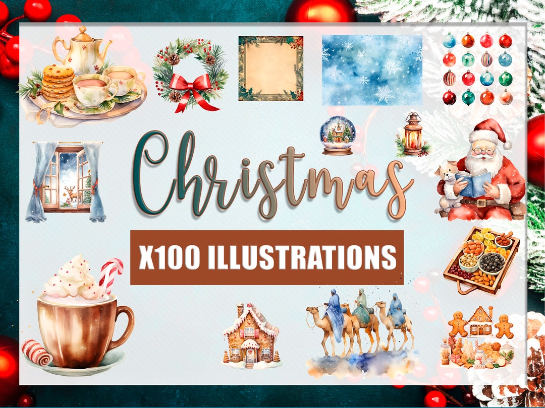 Watercolor Christmas Clipart Bundle, PNG Christmas Illustrations for ...