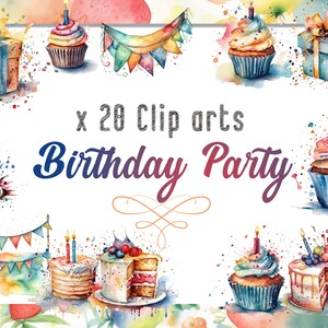 Watercolor Birthday Party, Clipart PNG Balloons and Cake, Watercolor ...