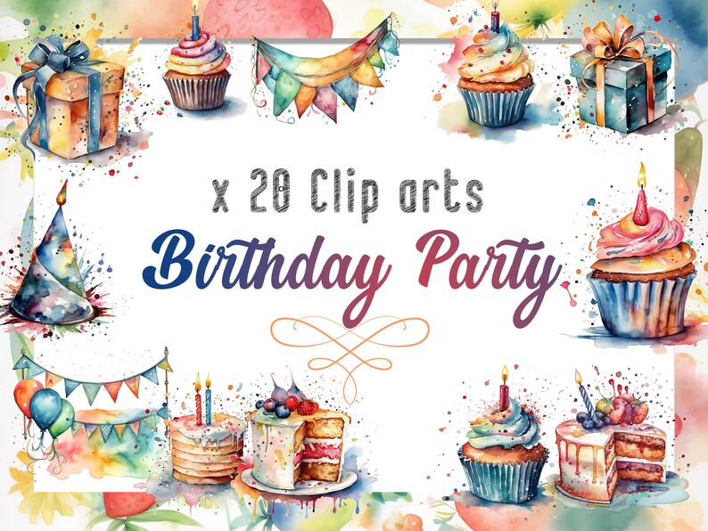 Watercolor Birthday Party, Clipart PNG Balloons and Cake, Watercolor ...