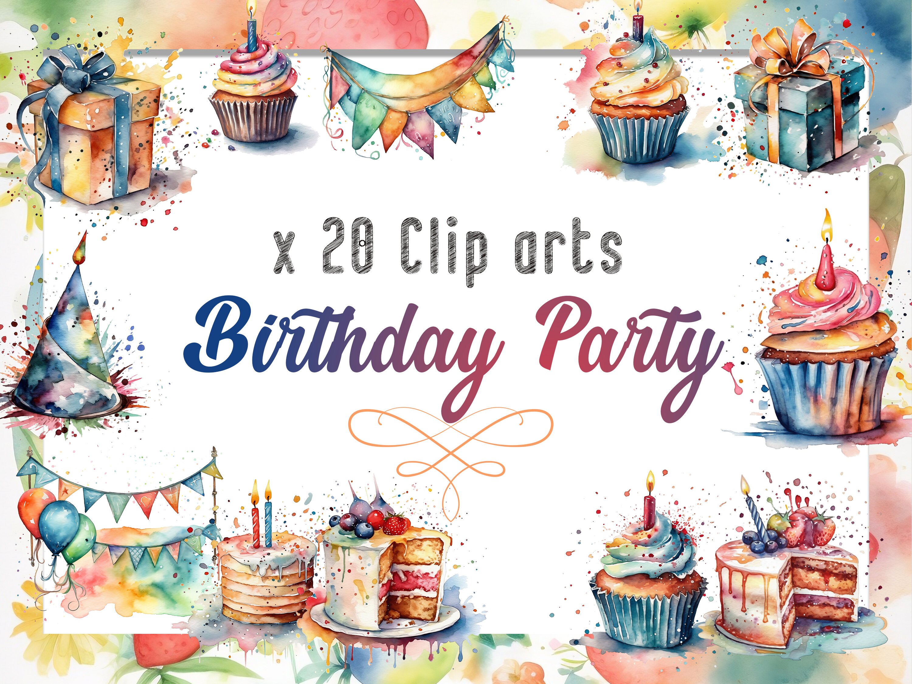 Watercolor Birthday Party, Clipart PNG Balloons and Cake, Watercolor ...