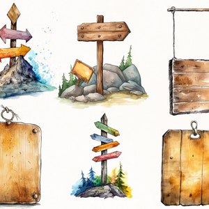 Watercolor Wooden Signs Bundle, Cliparts of Empty Wooden Signs ...